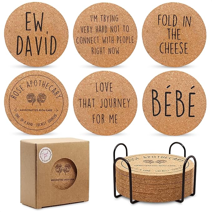 Amazon.com: Funny Coasters Set of 6 with Holder – Cork Coasters for ...