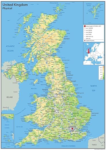 Physical Map of the UK - Size A2-42 x 59.4 cm - Paper Laminated ...