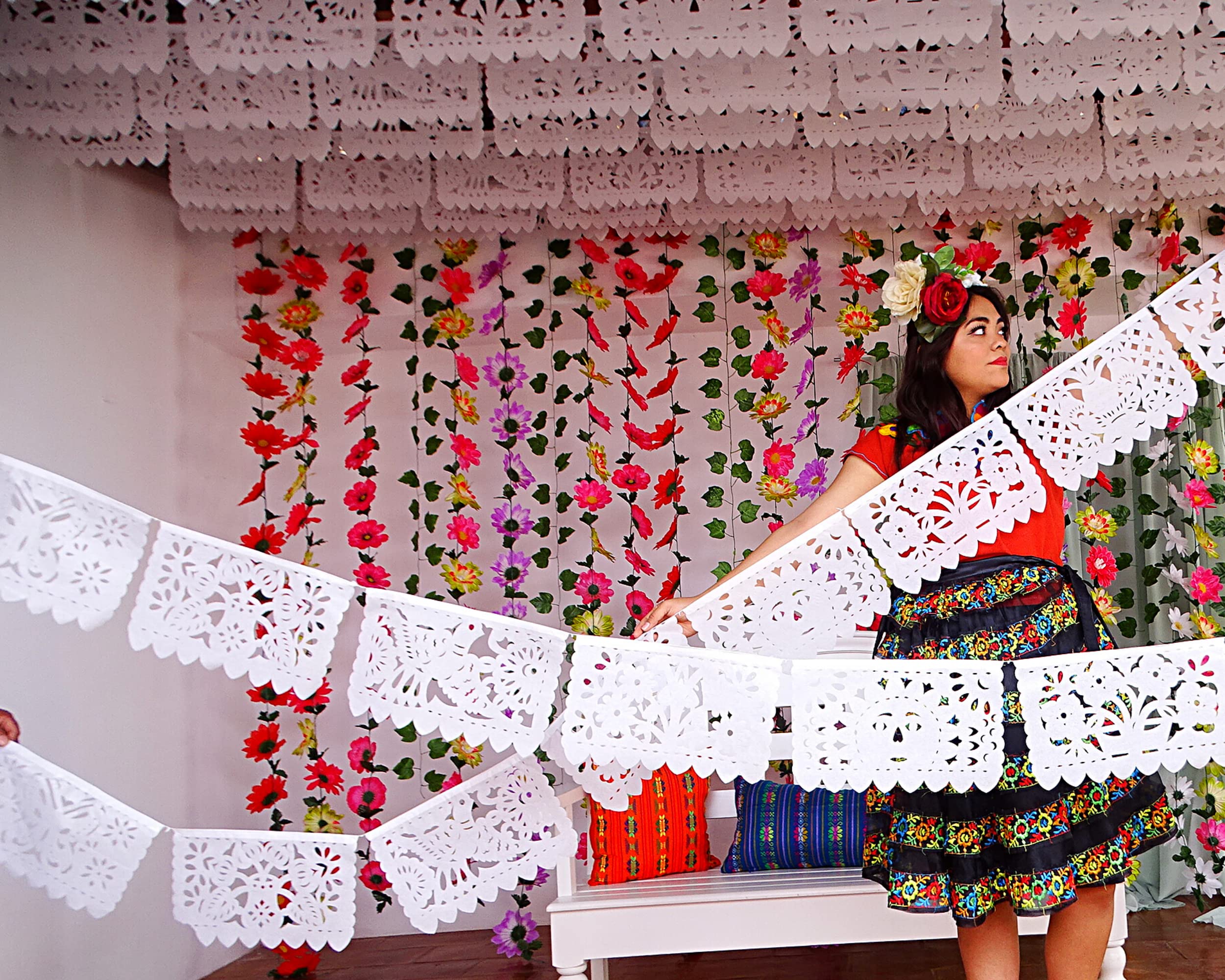 5 pk White Papel Picado, White Fiesta Banner, 60 ft Long Total, Mexican ...