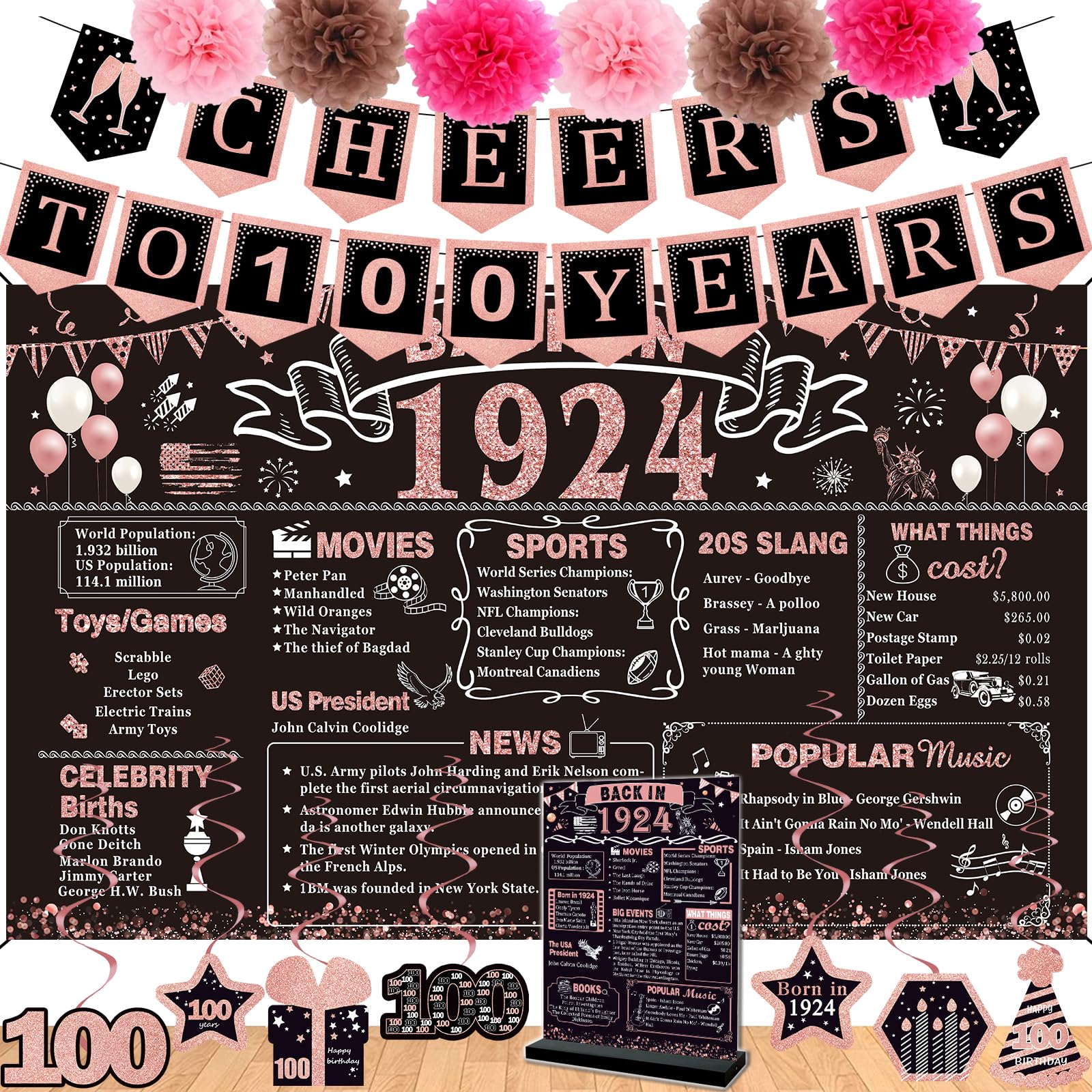 Amazon.com: 100th Birthday Decorations for Women,16PCS Back in 1924 ...