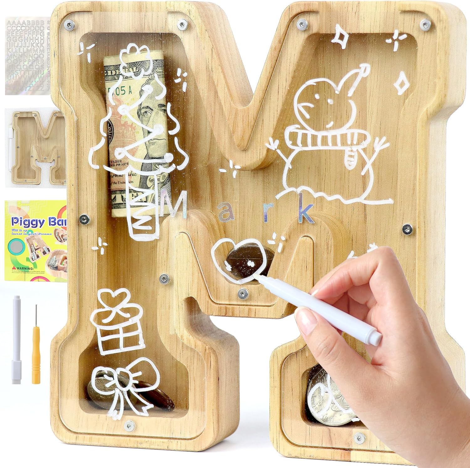 Amazon.com: Weallbuy Wooden Letter Piggy Bank A-Z Personalized Clear ...