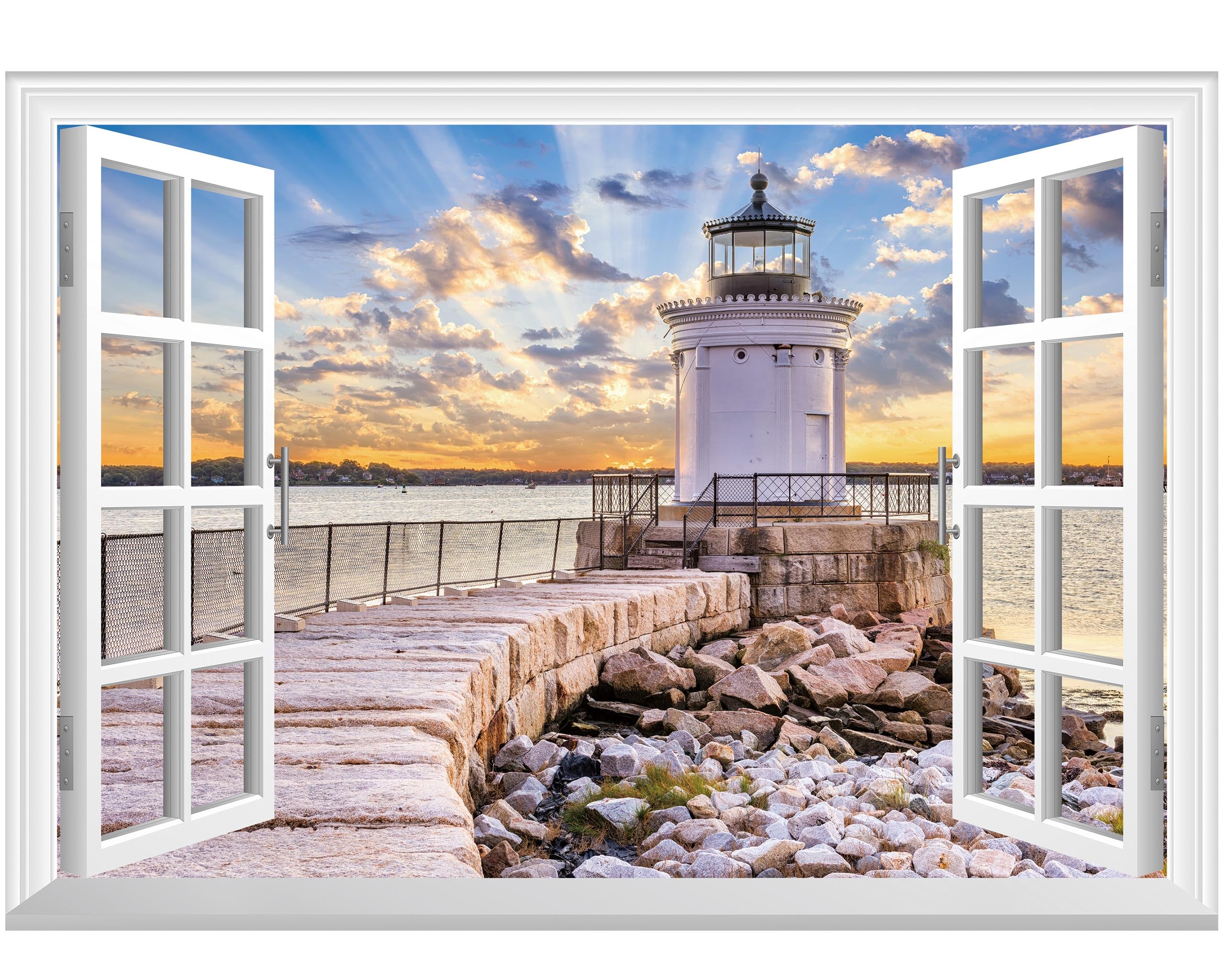 Amazon.com: FLFK Fake Window Wall Mural - Shoreline Lighthouse Faux ...