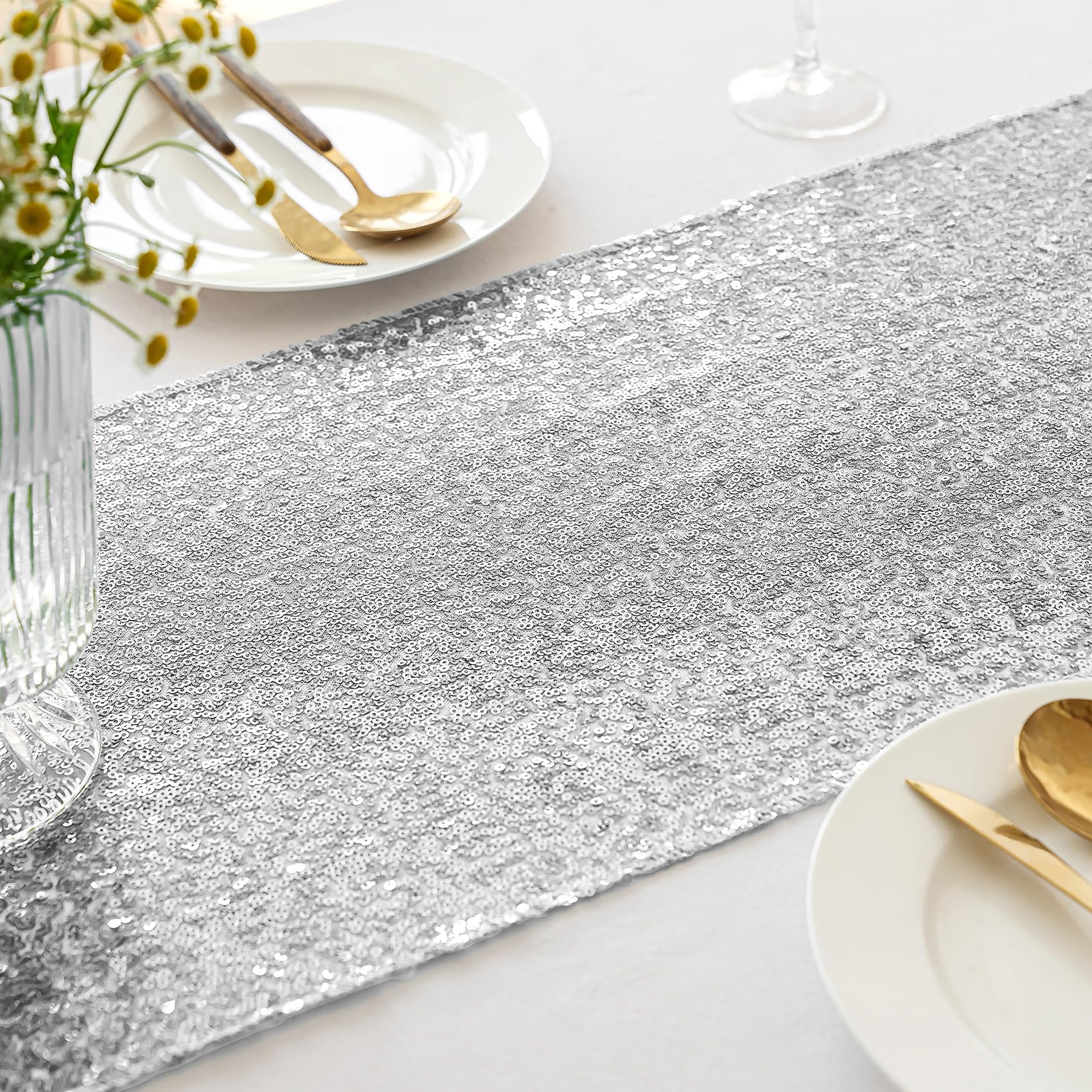 Silver Sequin Table Linen White And Silver Table Runner 2025