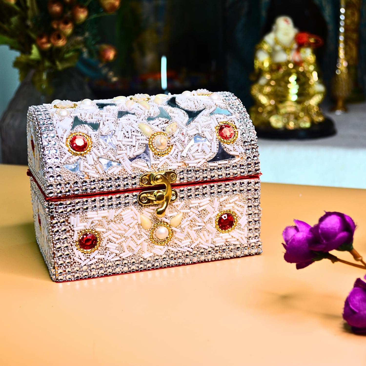santarms Wooden Jewellery Box with Lock, White Vanity with Beads Work ...