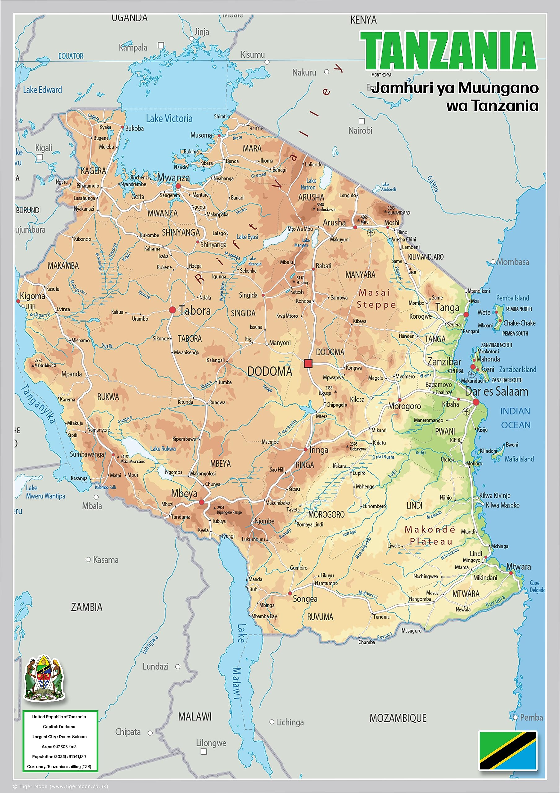 Physical Map of Tanzania - The Oxford Collection - Size A1 - Paper ...