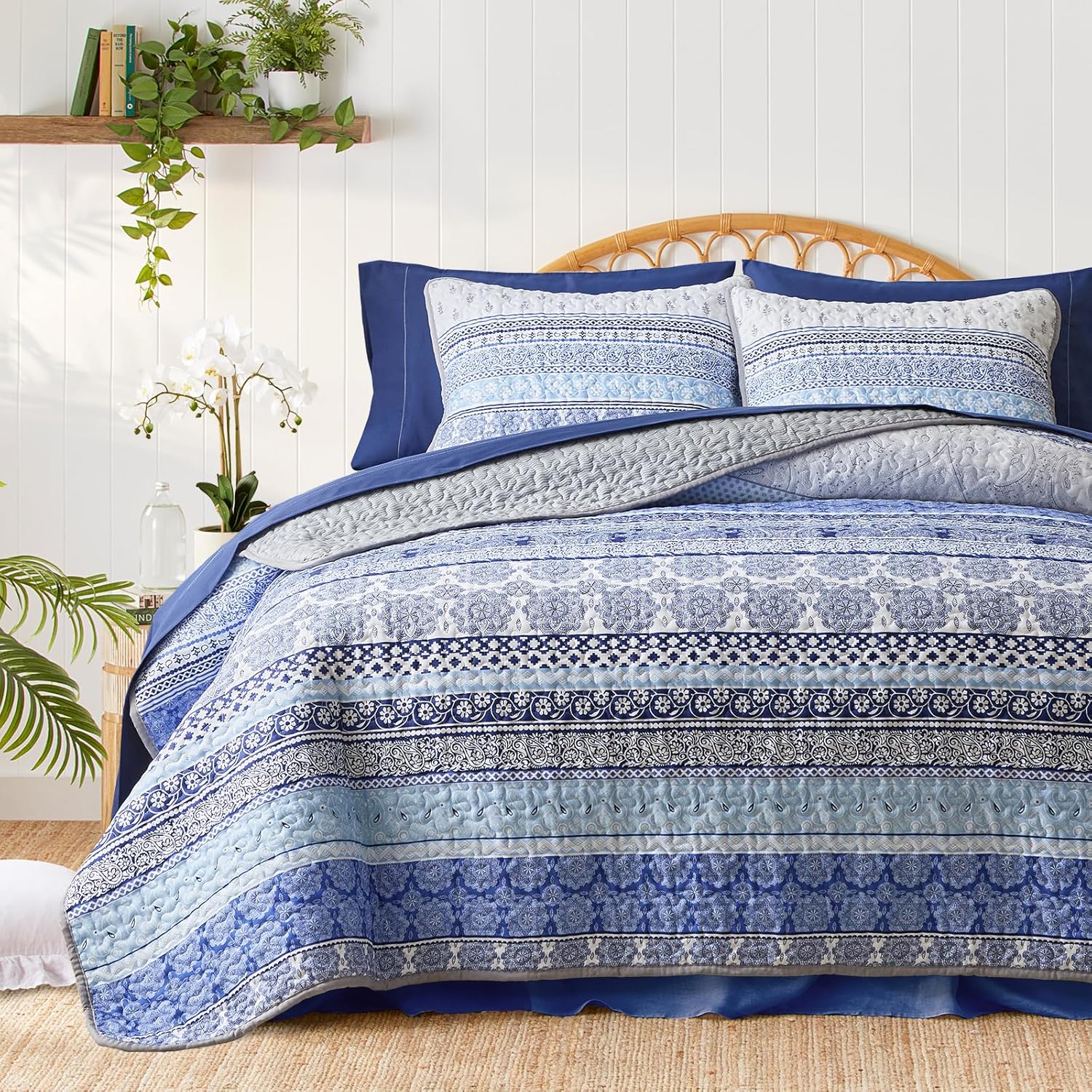 3 Pieces Colorful Bohemian Quilt Set Full Queen Size, Blue n Grey Boho ...