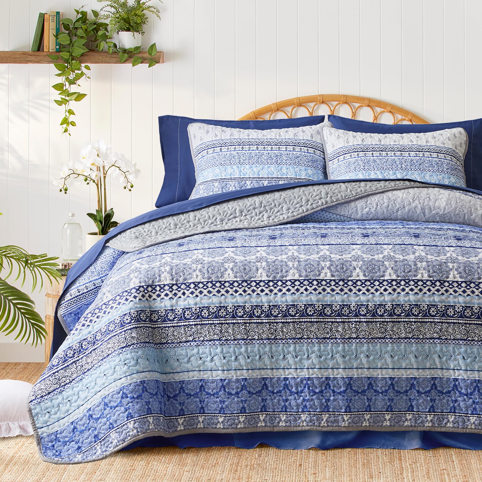 3 Pieces Colorful Bohemian Quilt Set Full Queen Size, Blue n Grey Boho ...