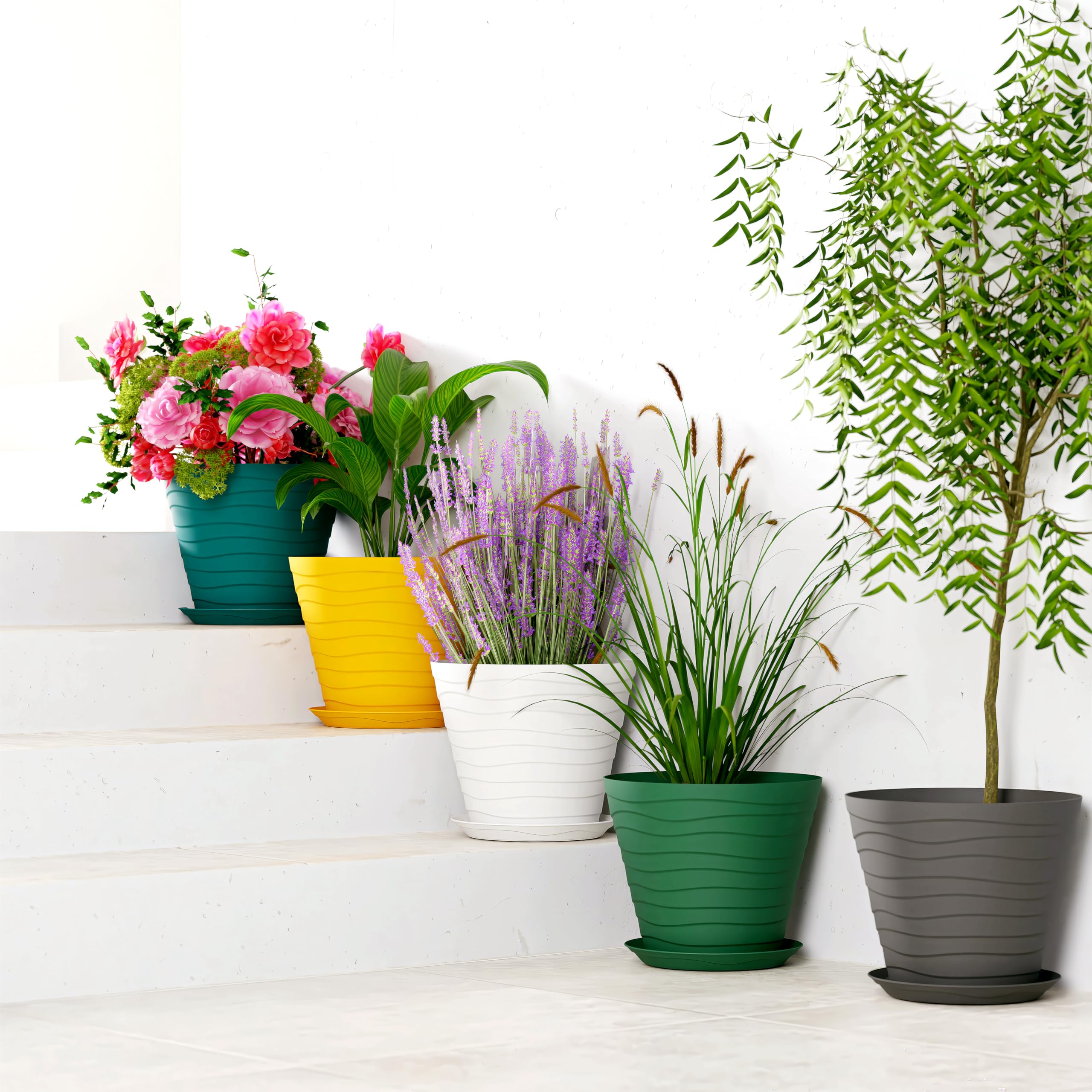 StyleX Store Plastic 8 inch Plant Pots with Drainage Holes and Tray ...