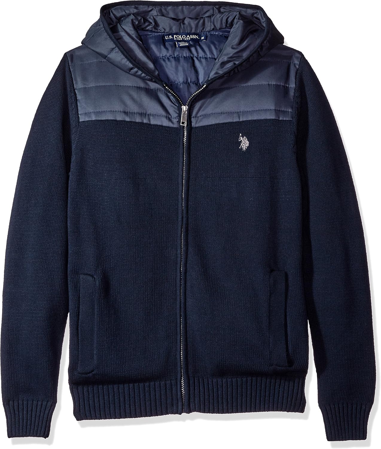 U.S. Polo Assn. Men's Full Zip Hoodie Quilted Poly Details, Navy, Large ...