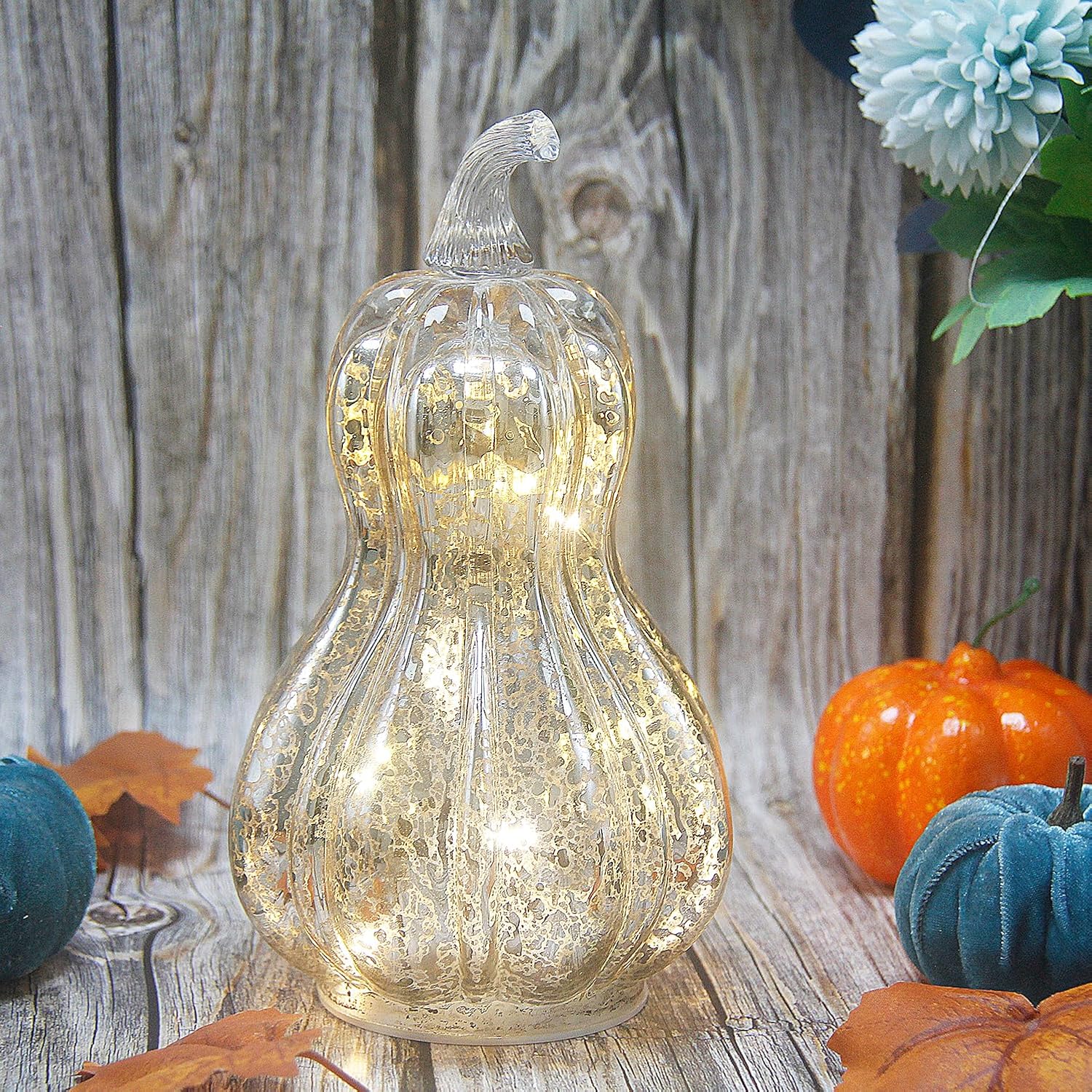 Amazon.com: Mercury Glass Pumpkin Light with Timer, with 10 Led Lights ...