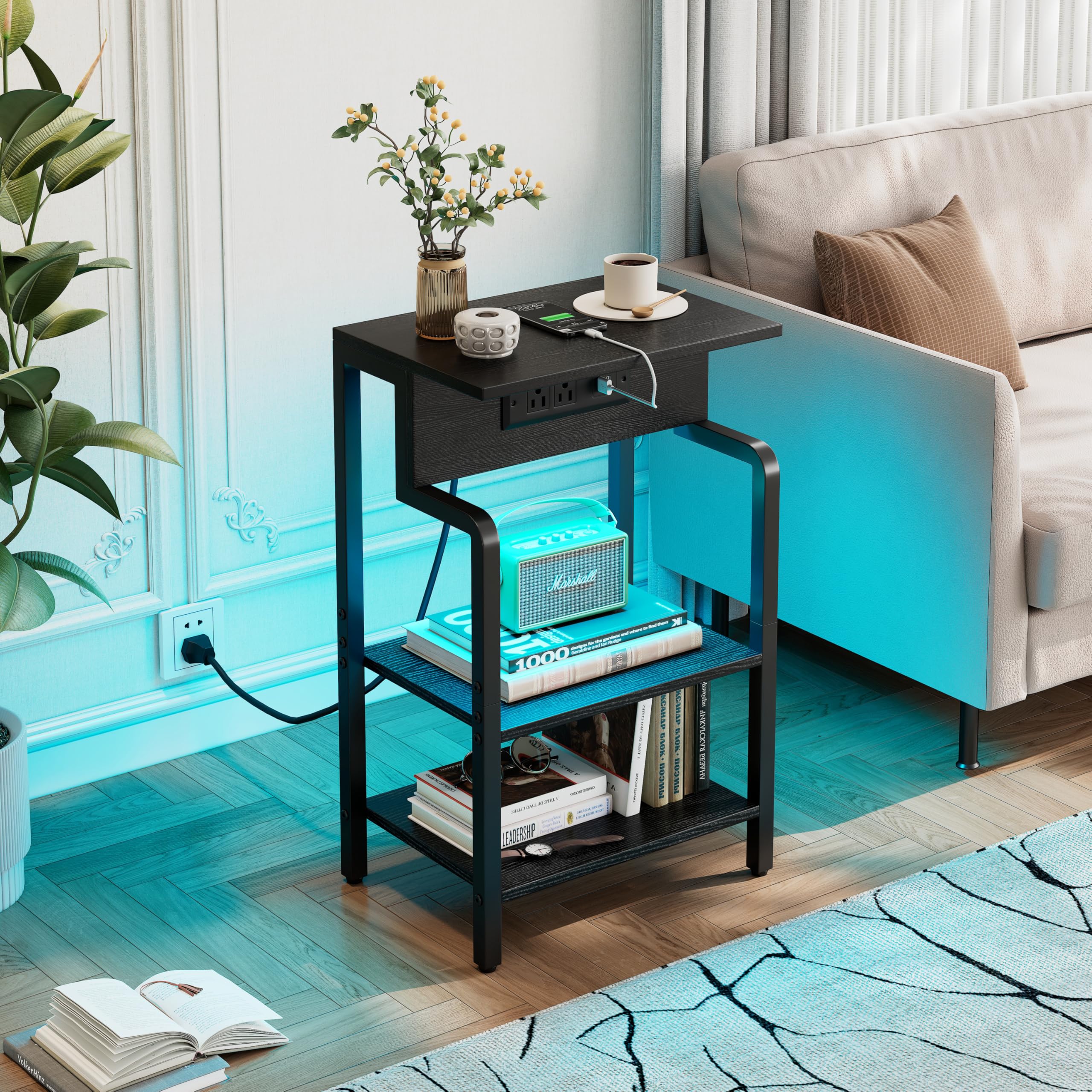 Amazon.com: Side Table, LED End Table with Charger Station, Small ...
