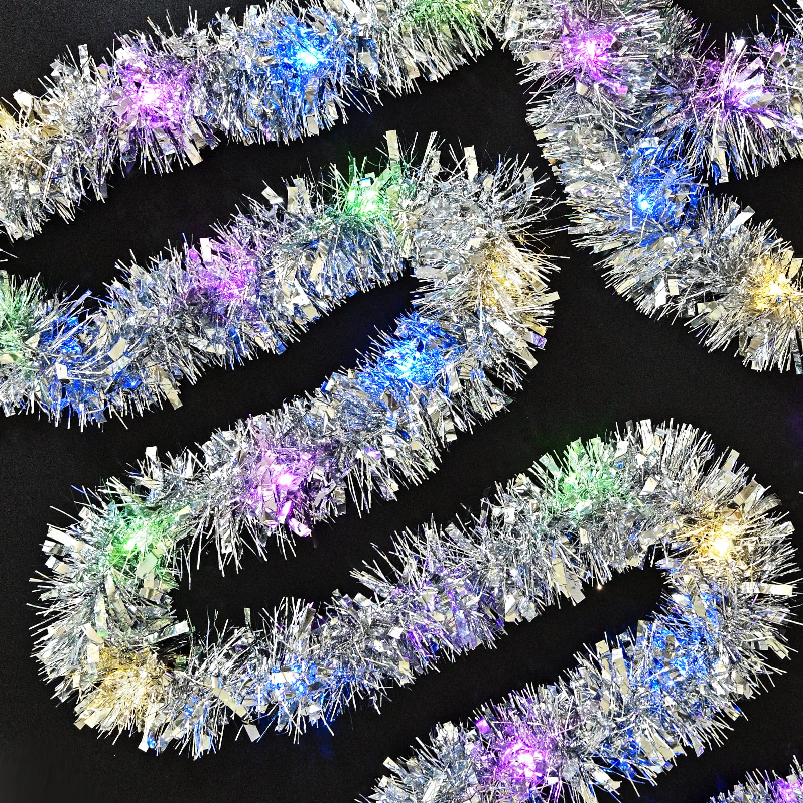 Amazon.com: 33FT Prelit Christmas Tinsel Garland Silver Metallic Twist ...