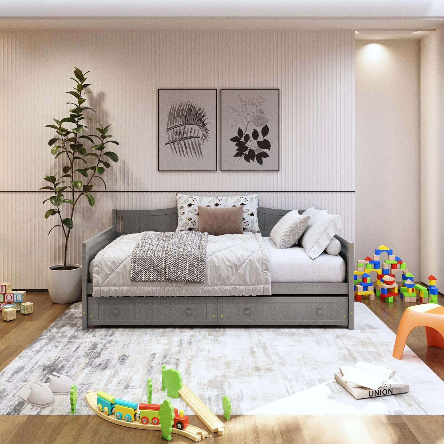 Amazon.com: VENERA Modern Daybed with Trundle - Gray Pine Wood Frame ...