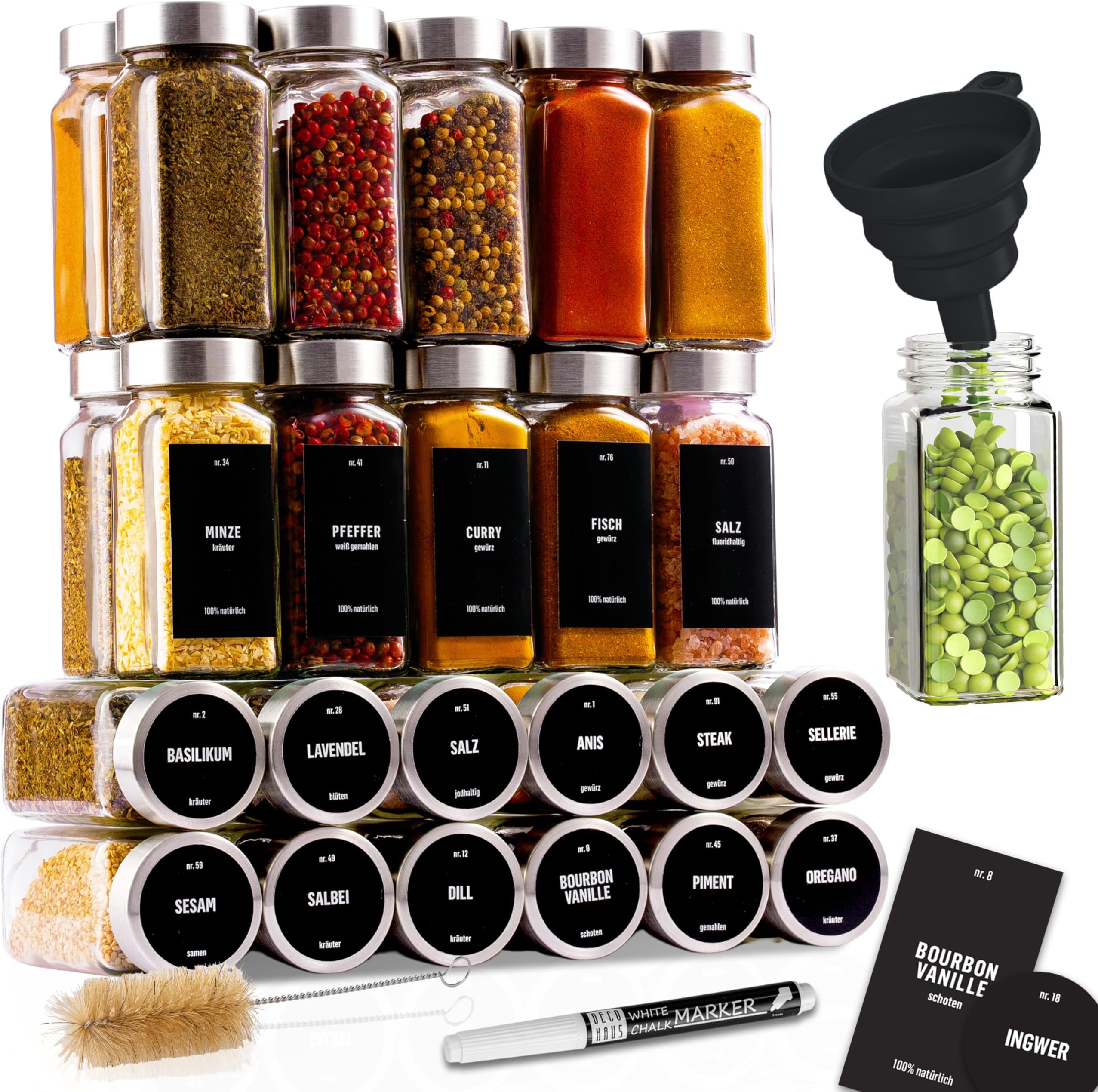 Tallgoo 120ml Pot a Epices Verre Set de 24,Bocaux Carré,Boite Epices Cuisine, avec Couvercle ...