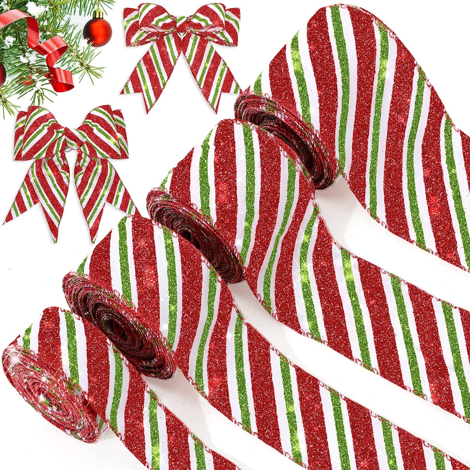 Amazon.com: 4 Rolls 24 Yards Christmas Candy Cane Wired Ribbons 1.0 ...