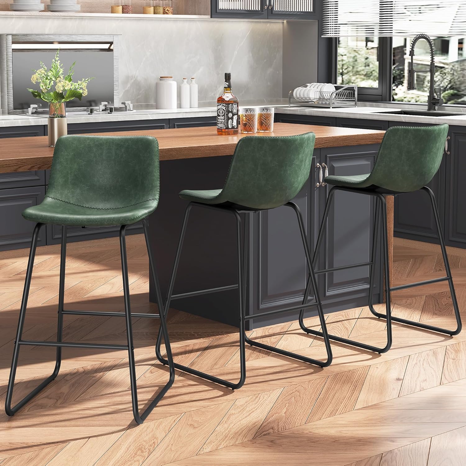 Amazon.com: REONEY Bar Stools Set of 3, Faux Leather Counter Height ...