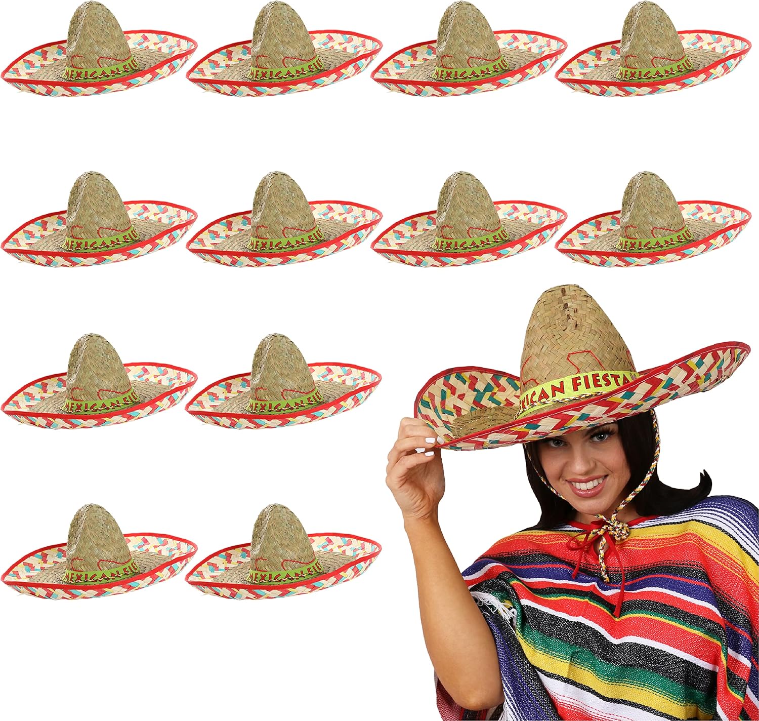 Mexican Fiesta Sombrero - Pack of 12 - Straw Sombrero Hat with "Mexican ...