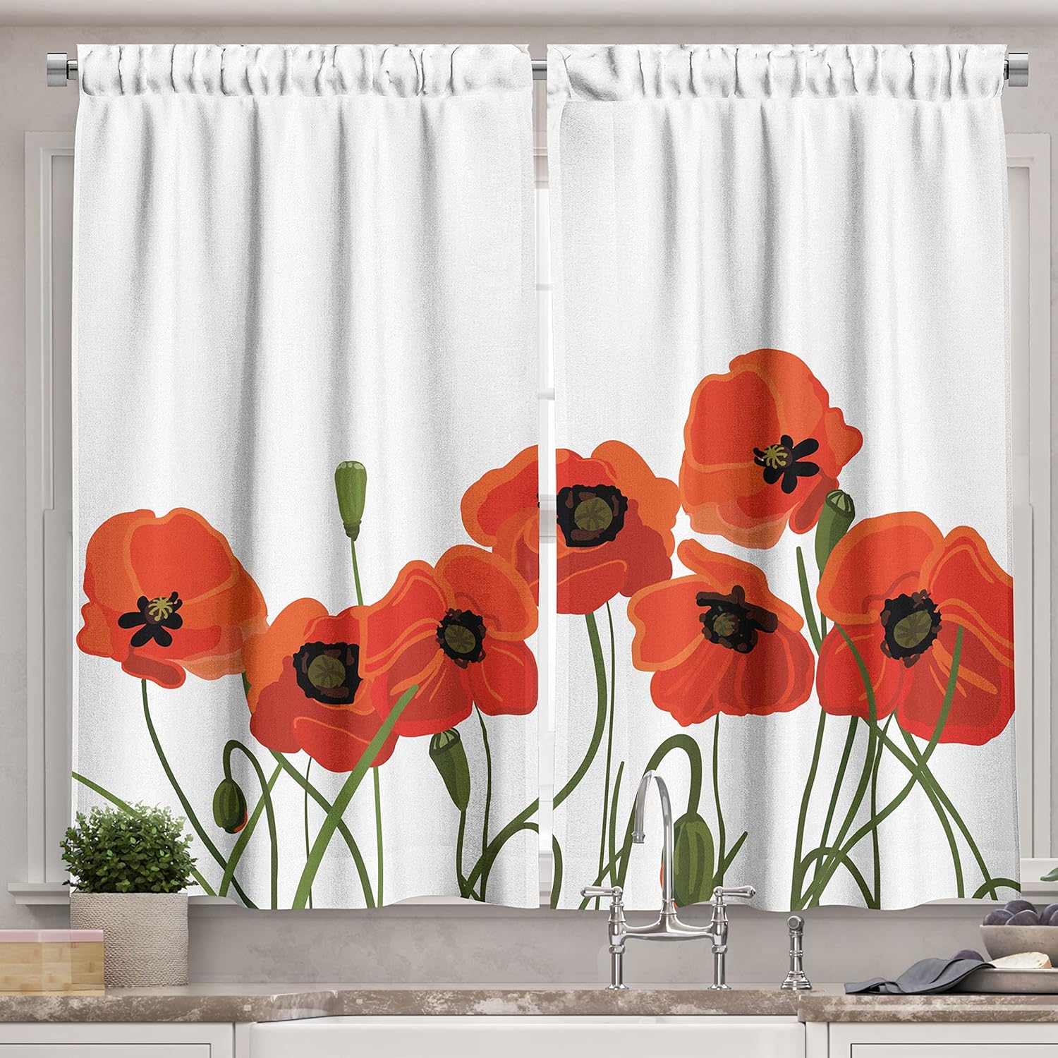 Amazon.com: Ambesonne Poppy Kitchen Curtains, Efflorescing Meadow in ...