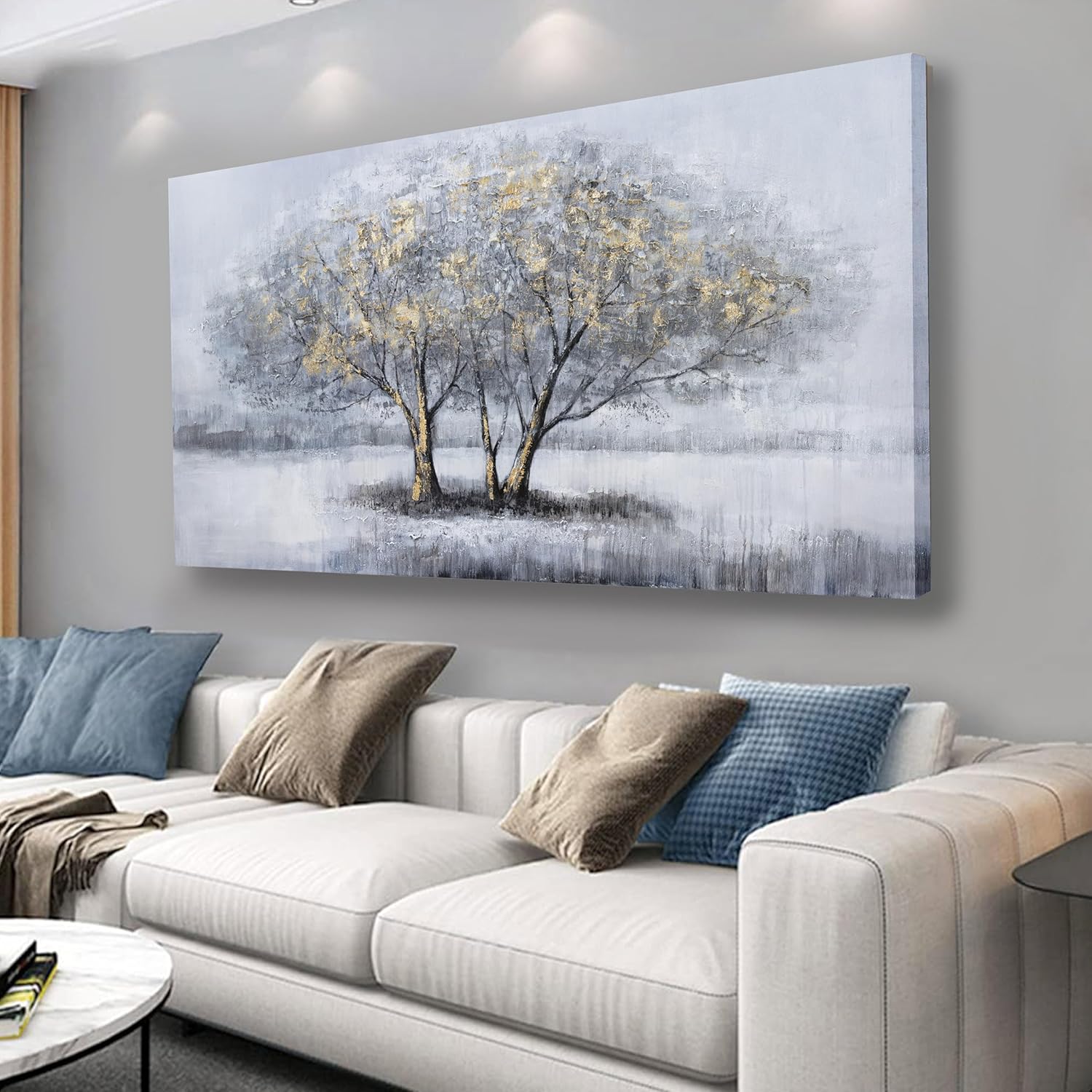 Amazon.com: Yuaxker Tree Canvas Wall Art Grey and Gold Canvas Painting ...