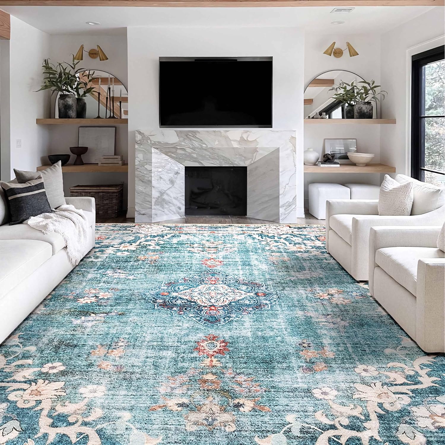 MUJOO Boho Large Area Rug 9x12 Feet Boho Floral Teal Floral Pattern ...