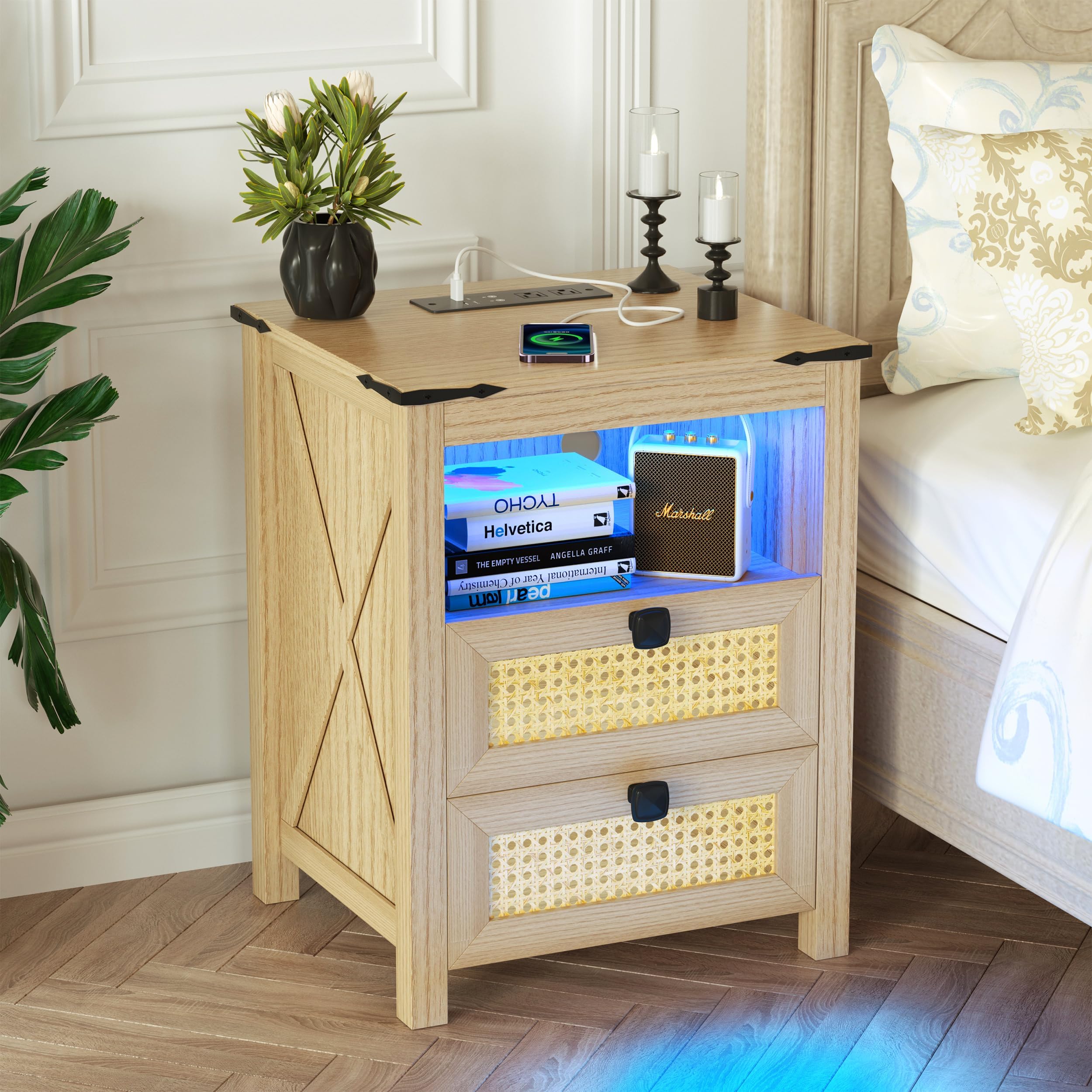 Amazon.com: Rattan Night stand with Charging Station, LED Nightstand ...