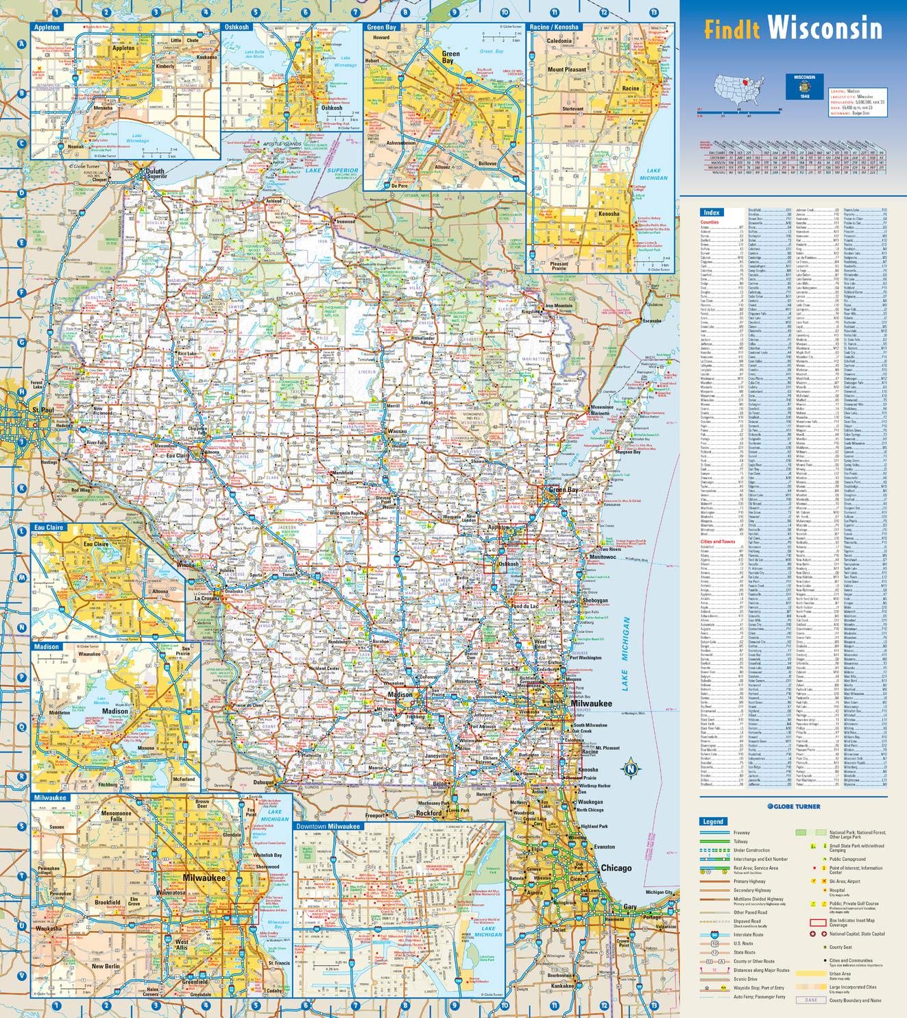 Wisconsin State Wall Map - 18.5" x 20.75" Laminated : Amazon.in: Office ...