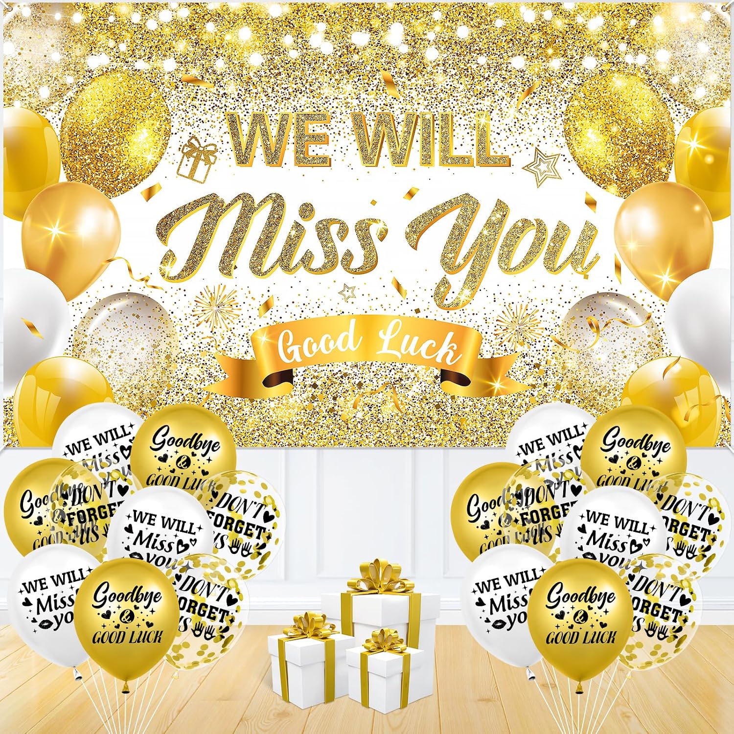 Amazon.com: White Gold Leaving Party Decorations Banner Good Luck We ...