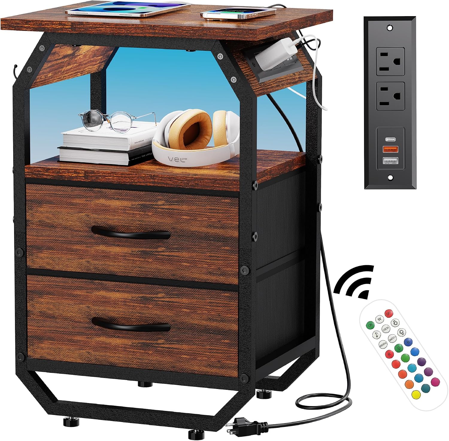 Amazon.com: runjuly LED Night Stand - Bedroom Nightstand with Charging ...