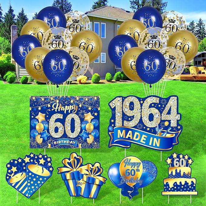 Amazon.com: Blue Gold 60th Birthday Yard Sign Decorations for Men ...