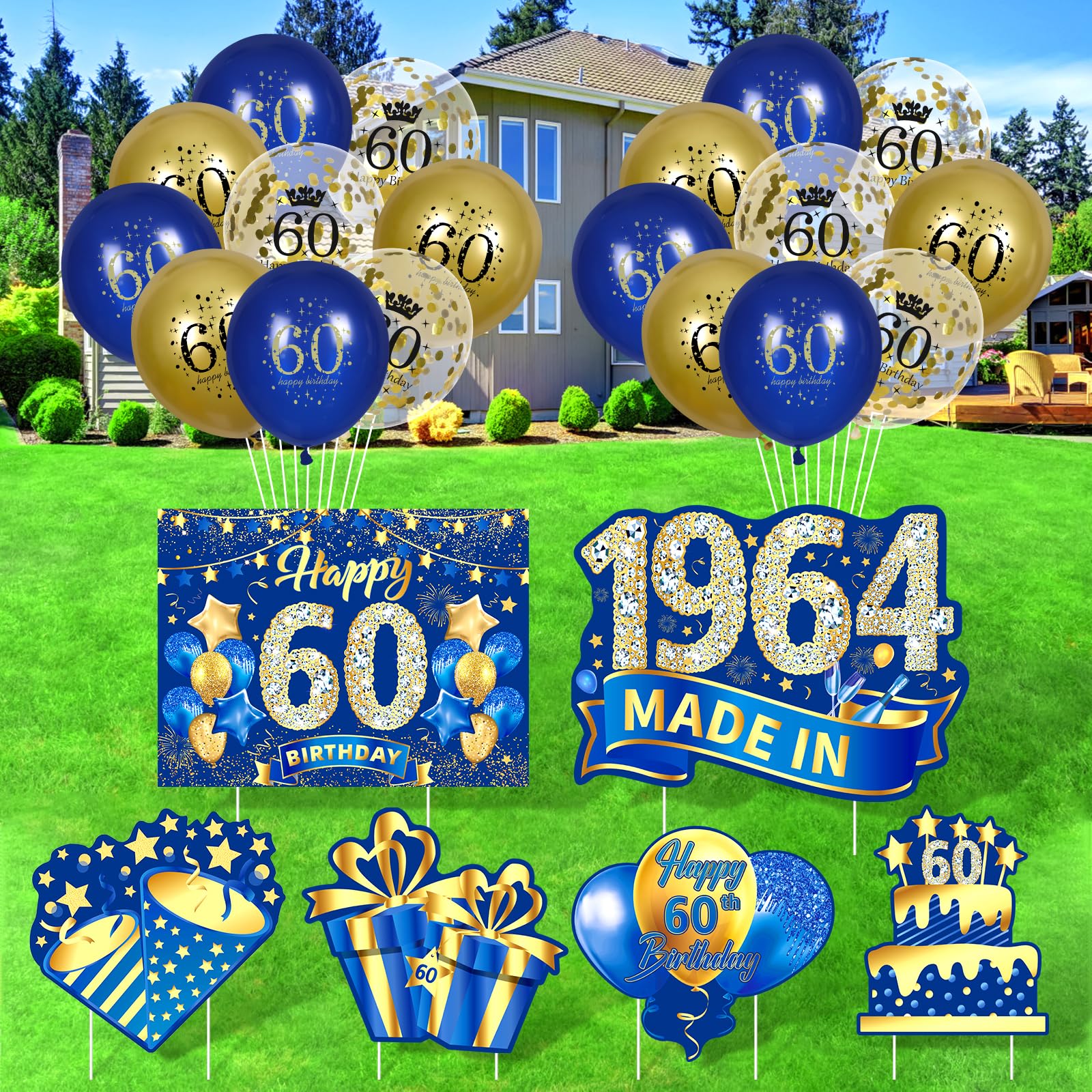Amazon.com: Blue Gold 60th Birthday Yard Sign Decorations for Men 6Pcs ...