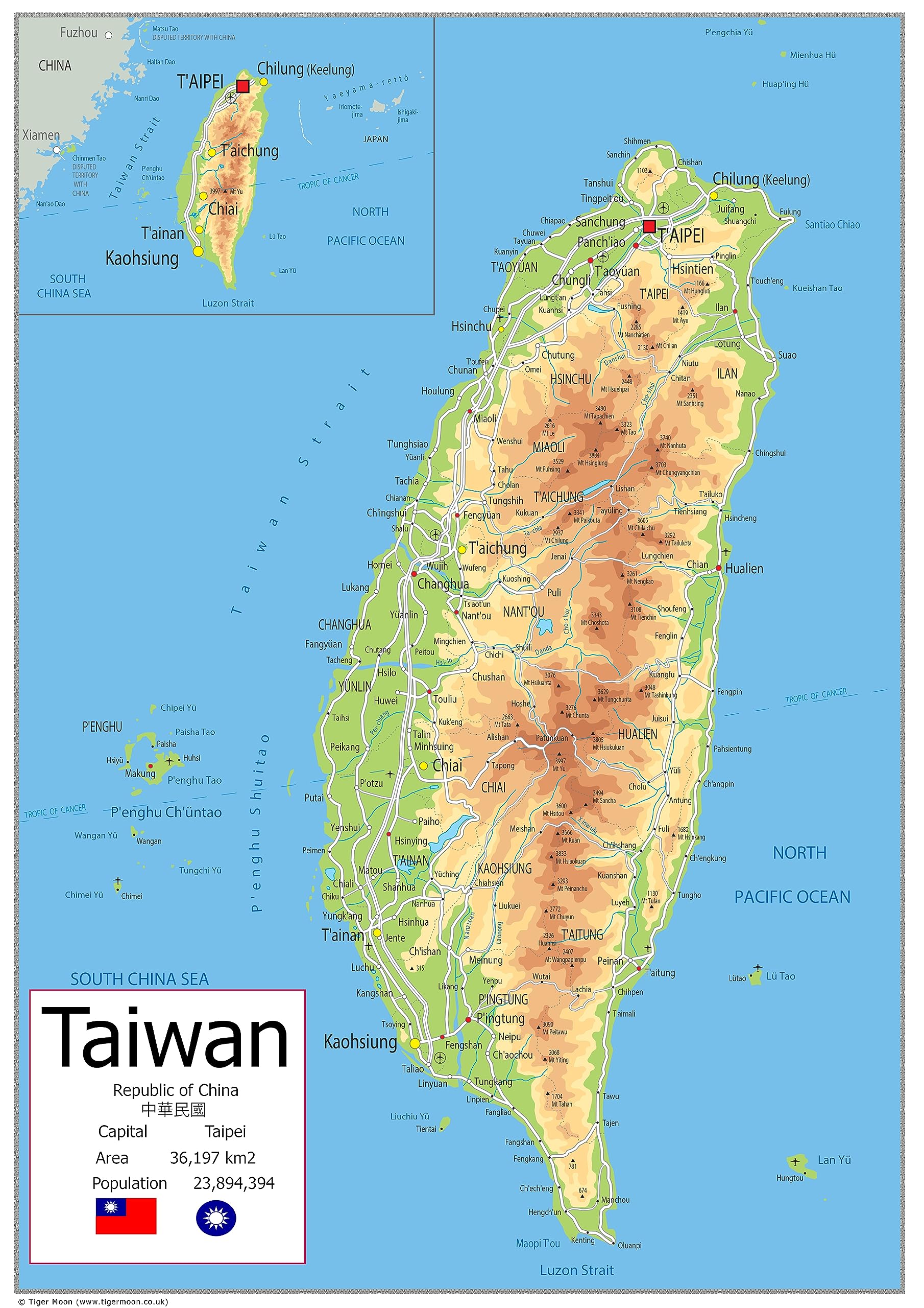 Physical Map of Taiwan - The Oxford Collection - Size A2 - Paper ...
