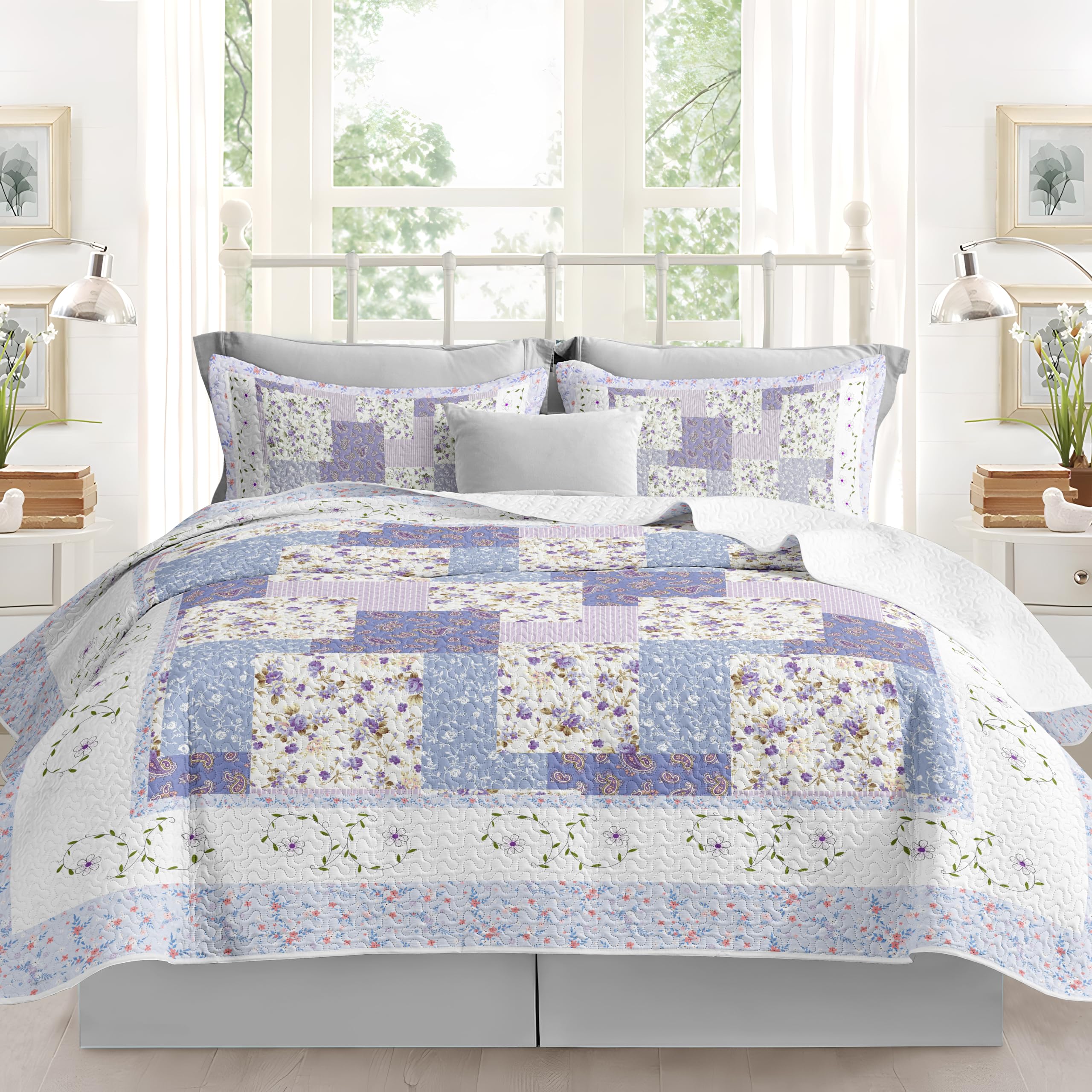 Purple Bedding Sets Queen - Reversible Microfiber Farmhouse Quilts with ...