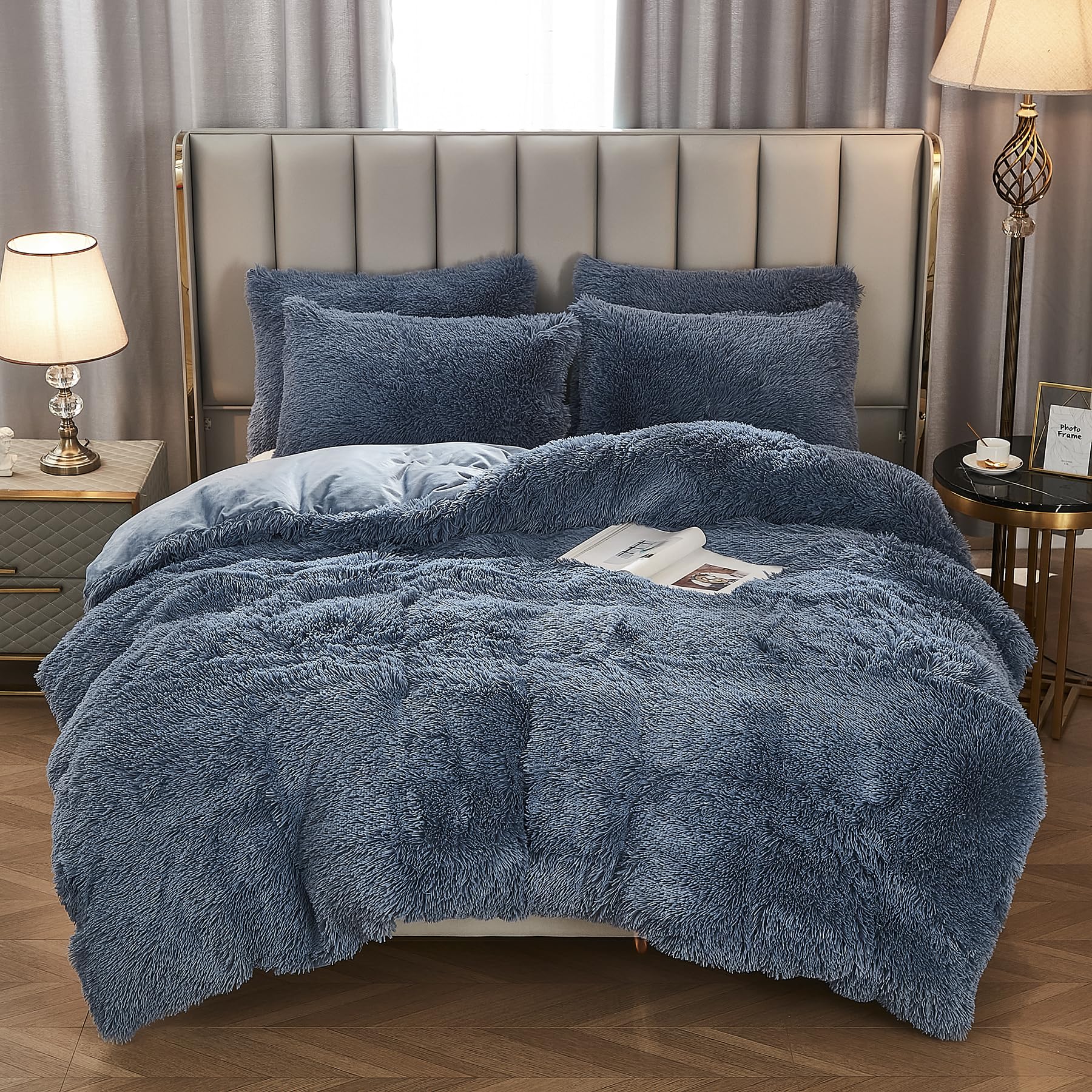WERDIM Shaggy Fluffy Faux Fur Duvet Cover Set Button Closure Velvety ...