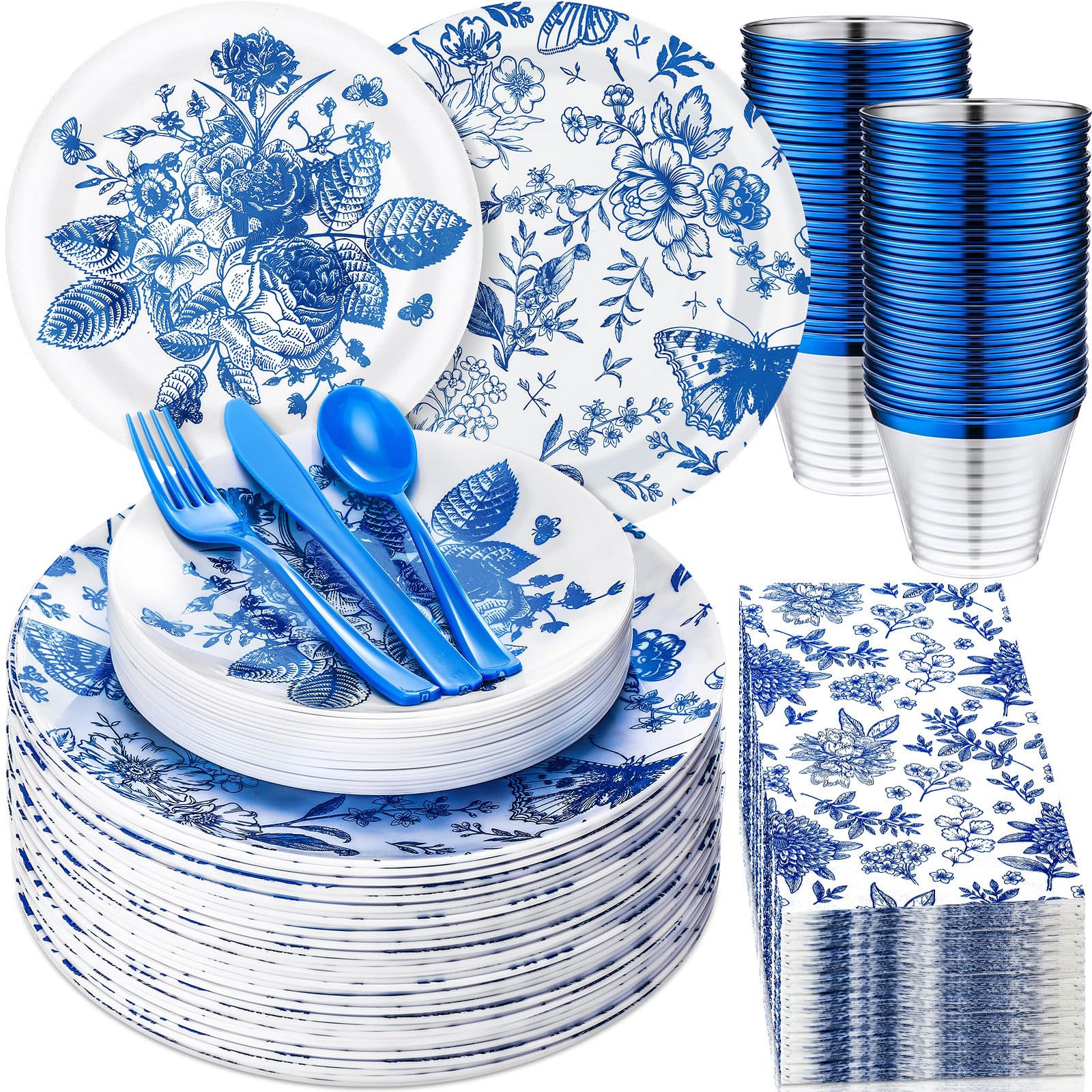 Amazon.com: Pickmesh 280 Pcs Blue Floral Disposable Tableware Sets ...