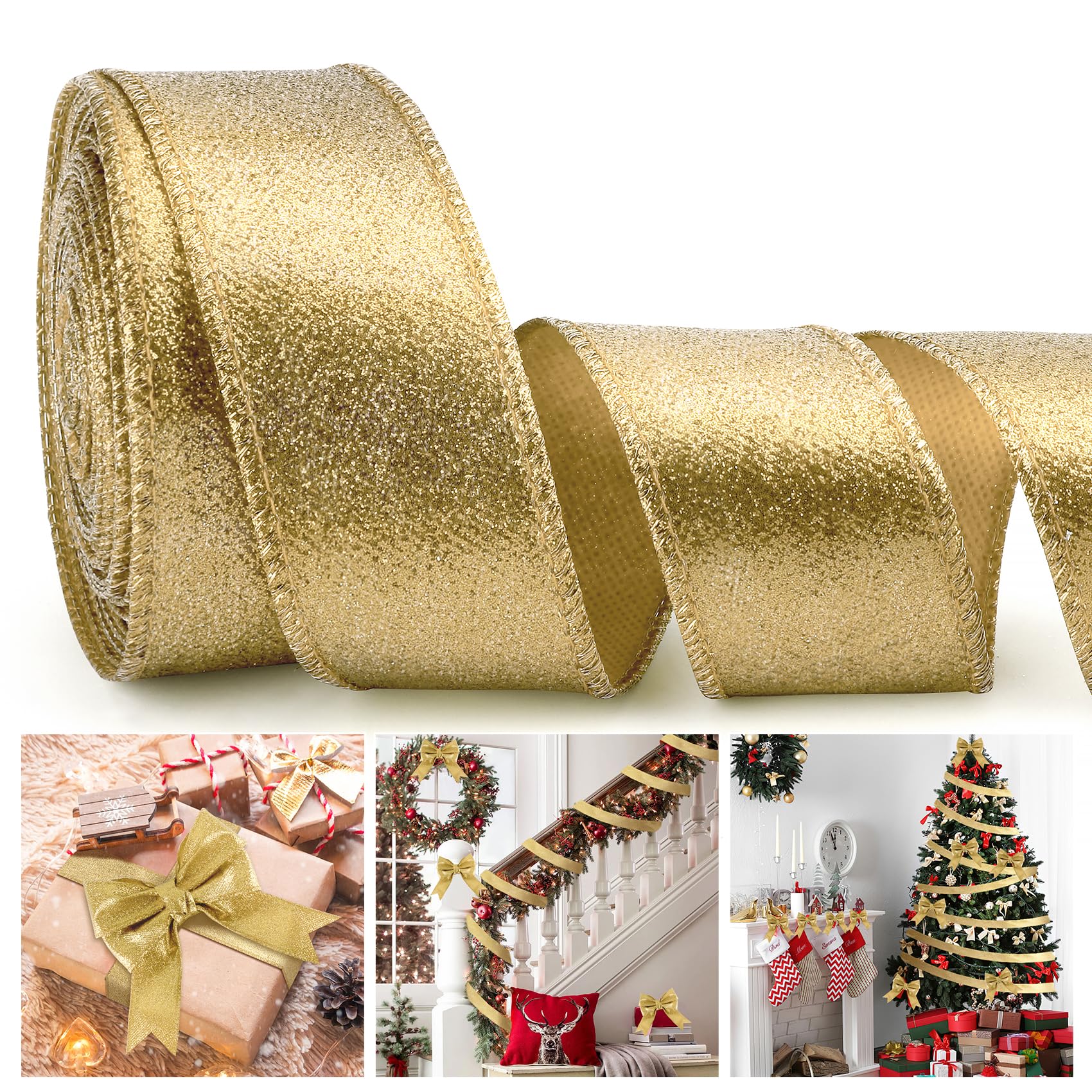 Amazon.com: Gold Ribbon for Christmas Tree Glitter Gold Christmas Tree ...