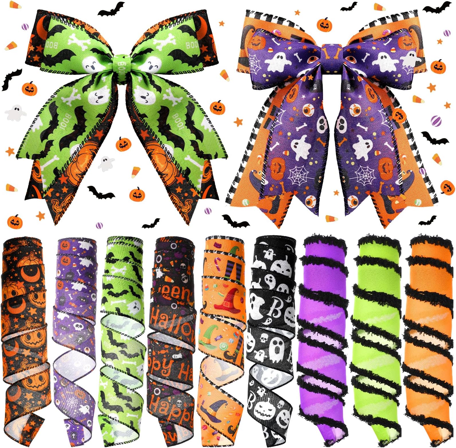 Amazon.com: Kuscul 25Yards Halloween Wired Ribbons, 5 Rolls Pumpkin Bat ...