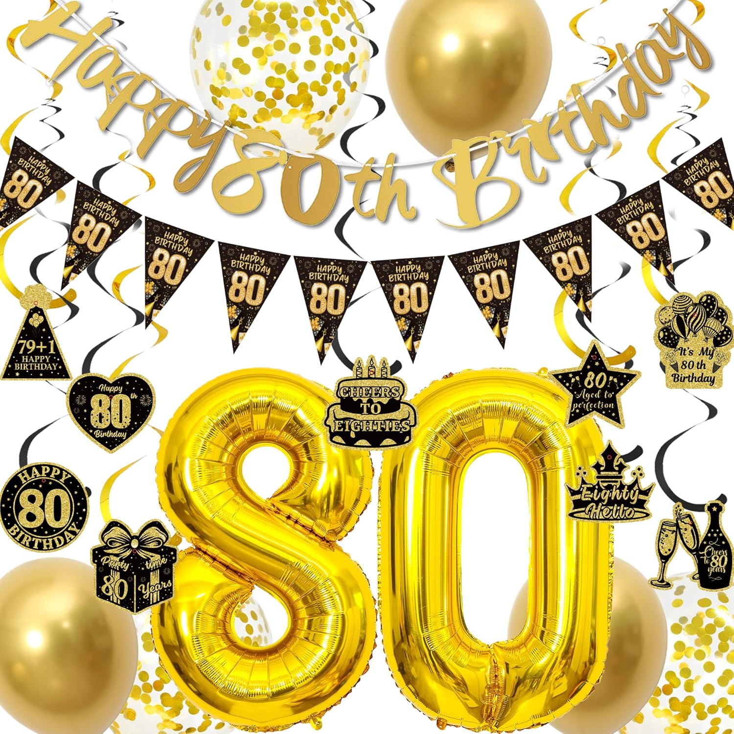 Amazon.com: 80th Birthday Decorations for Women Men - Black and Gold ...
