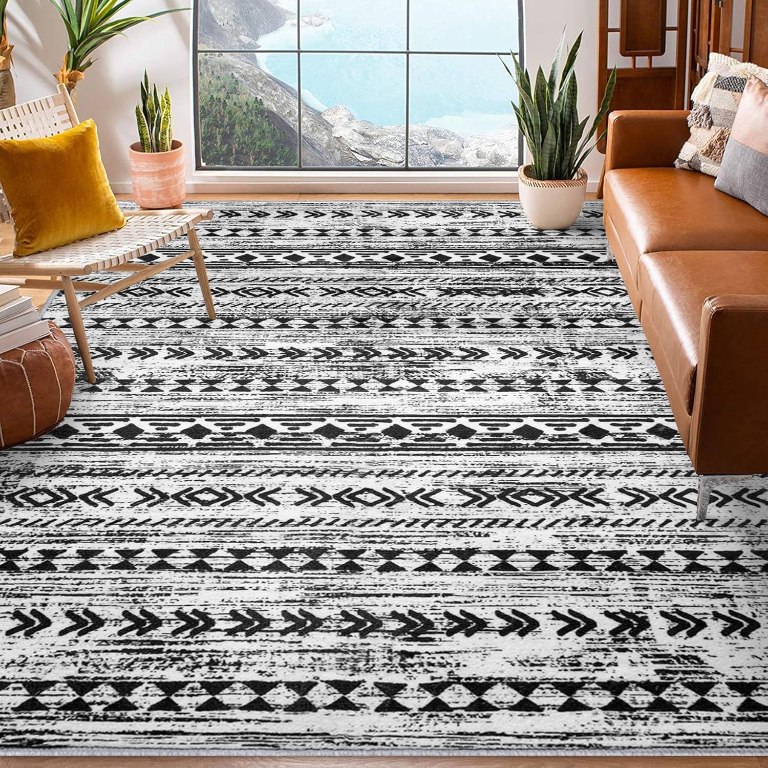 Moroccan 9x12 Area Rug, Boho Geometric Washable Large Black Rug for ...