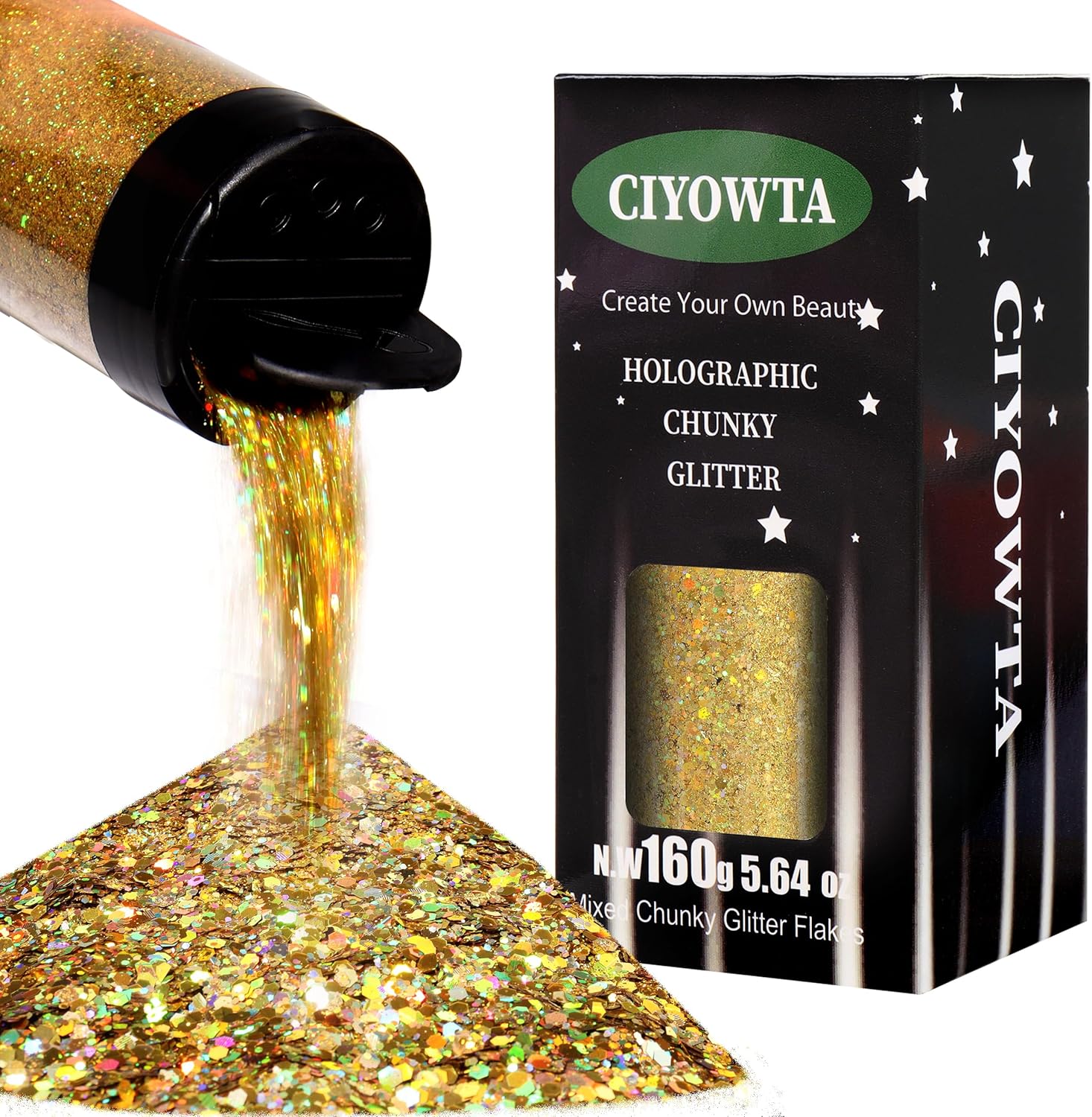 Amazon.com: CIYOWTA Chunky Glitter,160g/5.64oz Gold, Holographic Glitter for Resin, Tumblers,Art ...