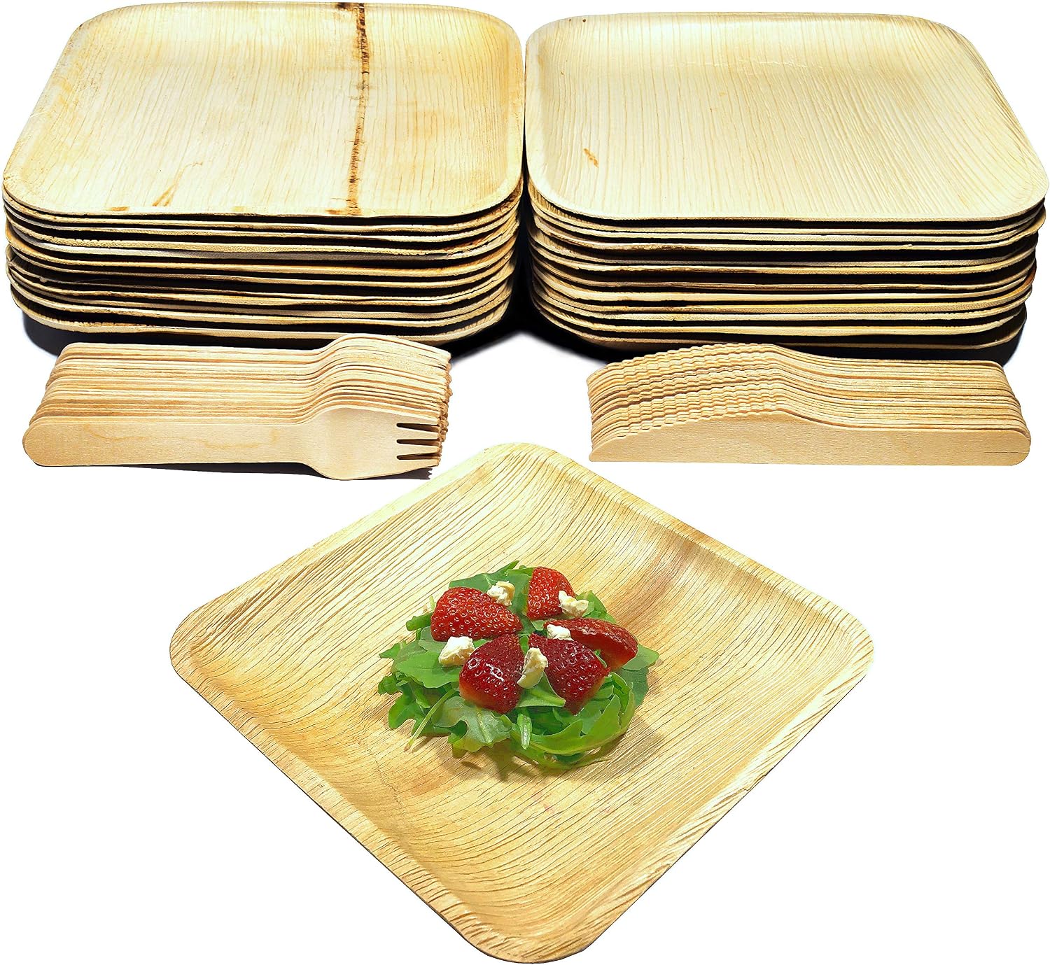 Amazon.com: 75 Piece Party Set | Palm Leaf Disposable Plates & Wooden ...
