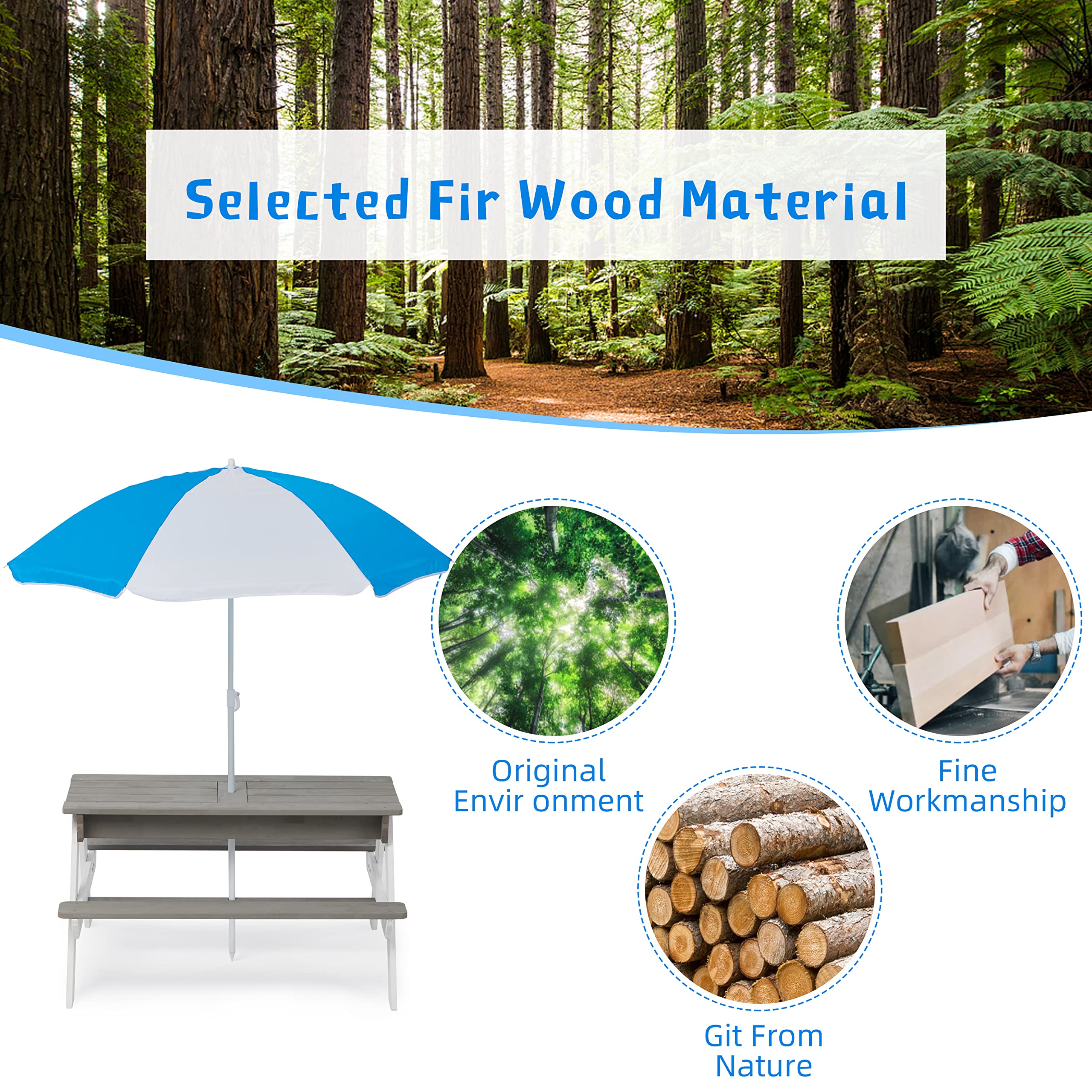 Sensory Bin Table SoliWood 3-in-1 Kids Sand & Water Table With Umbrella ...