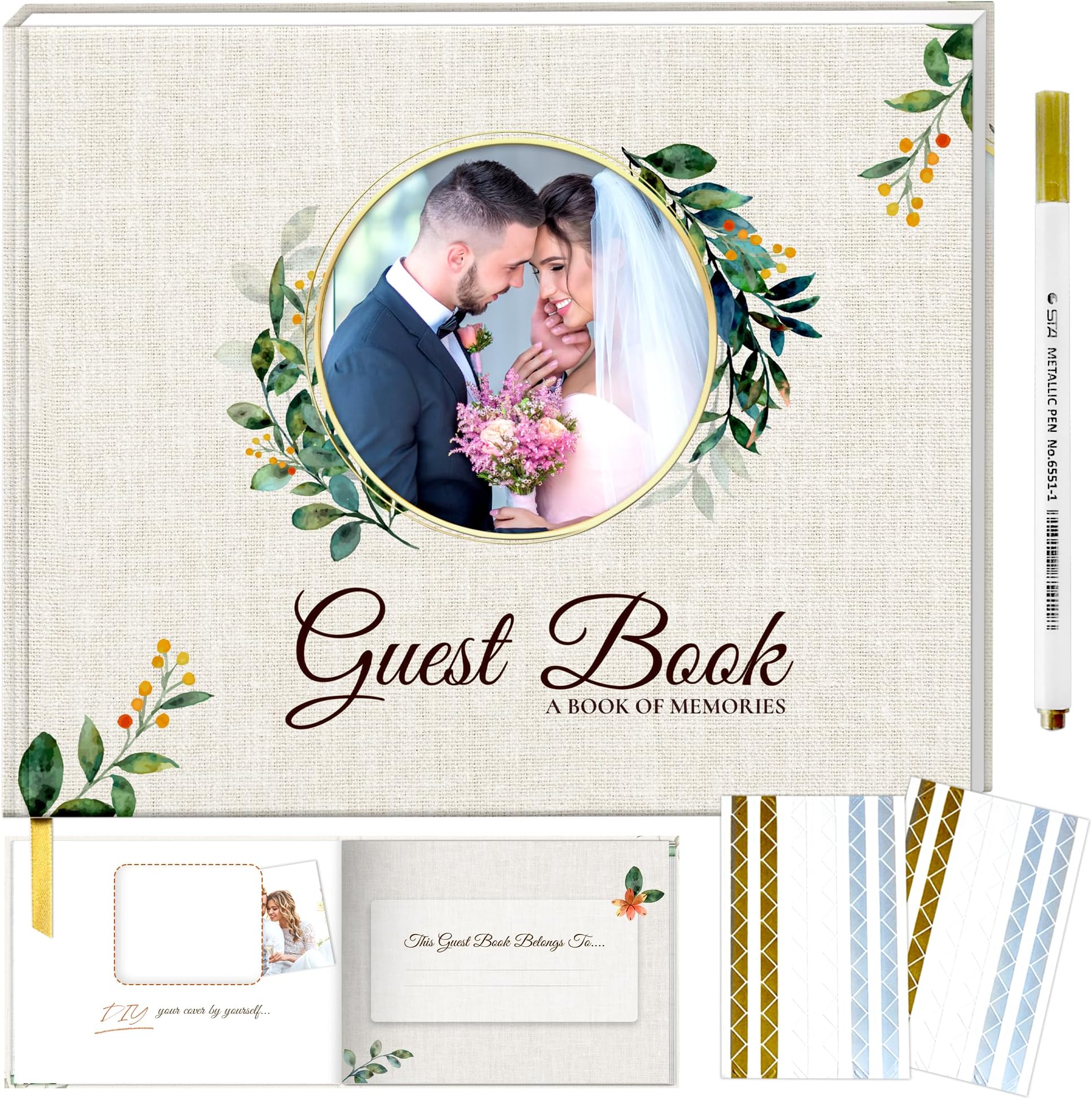 Amazon.com: Modern Guest Book, Wedding Guest Book Gold Pen Included ...