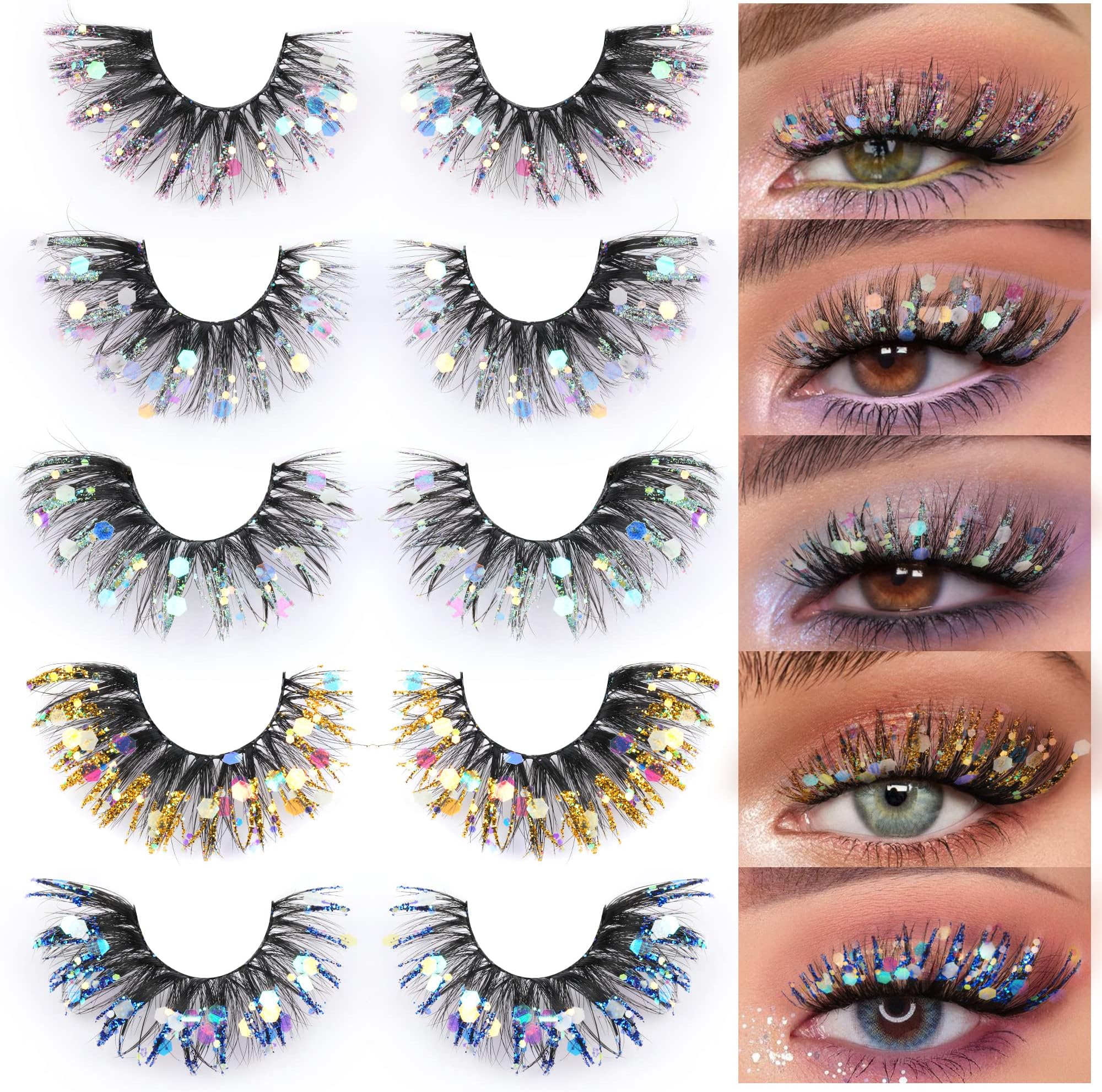 Amazon.com: Glitter Lashes Colored False Eyelashes Wispy Lashes 5 Pairs ...