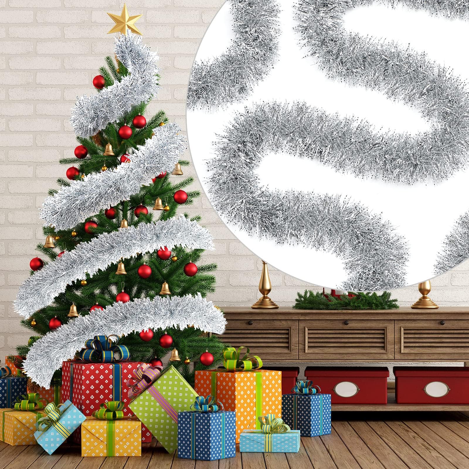 Amazon.com: Hotop 164 ft Christmas Frost Tip Tinsel Garland Glitter ...