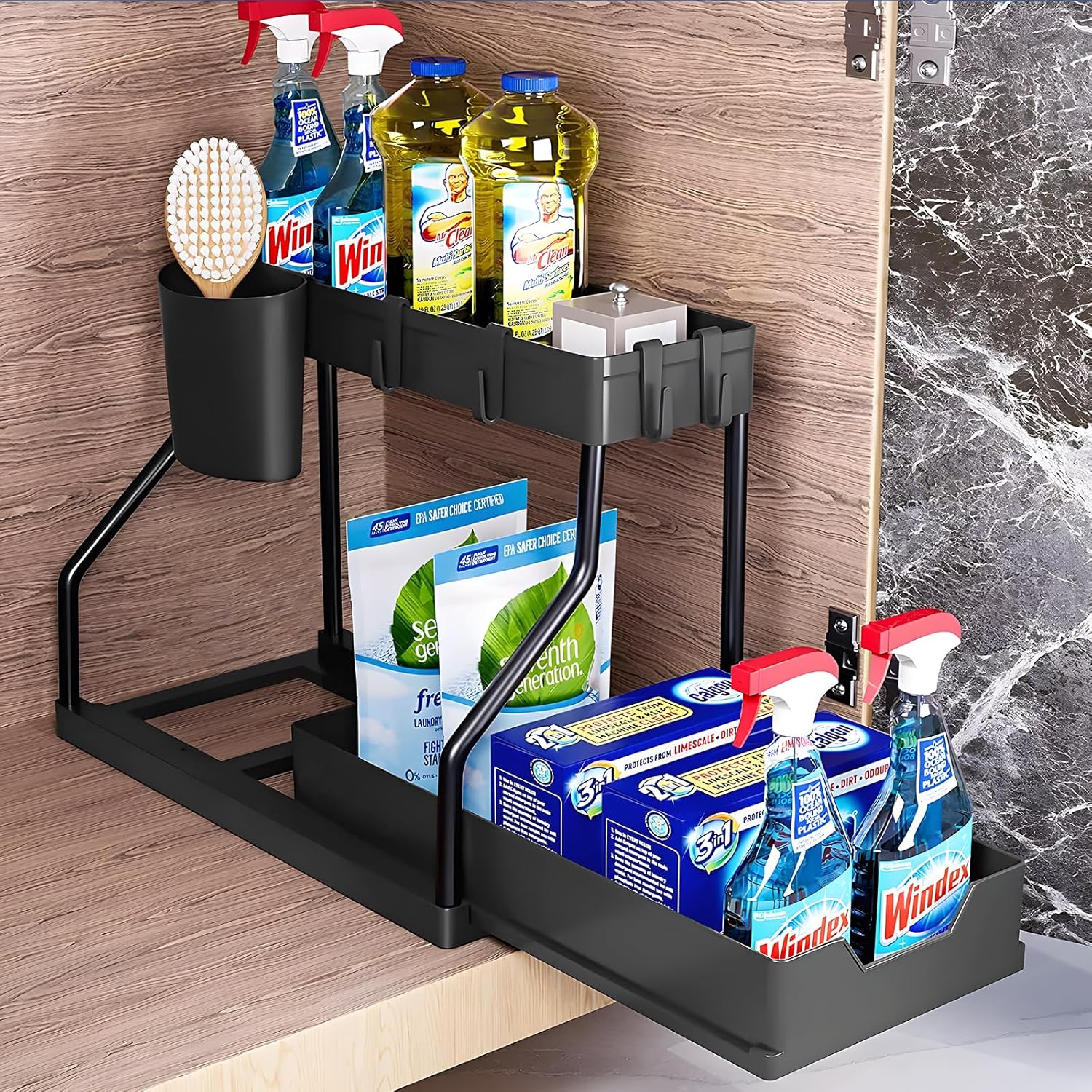 Under Sink Storage Organiser and Slide Out Drawer, 35cm High 2 Tier ...