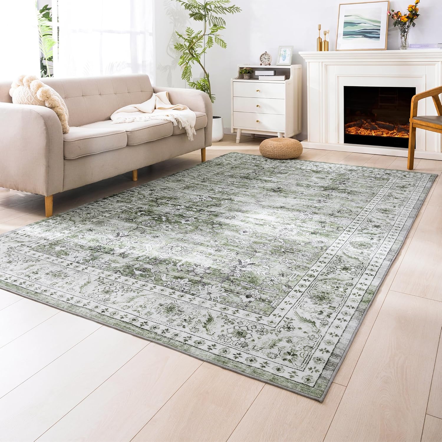 Amazon.com: Carvapet Green Rugs for Living Room, Vintage Low Pile Large ...