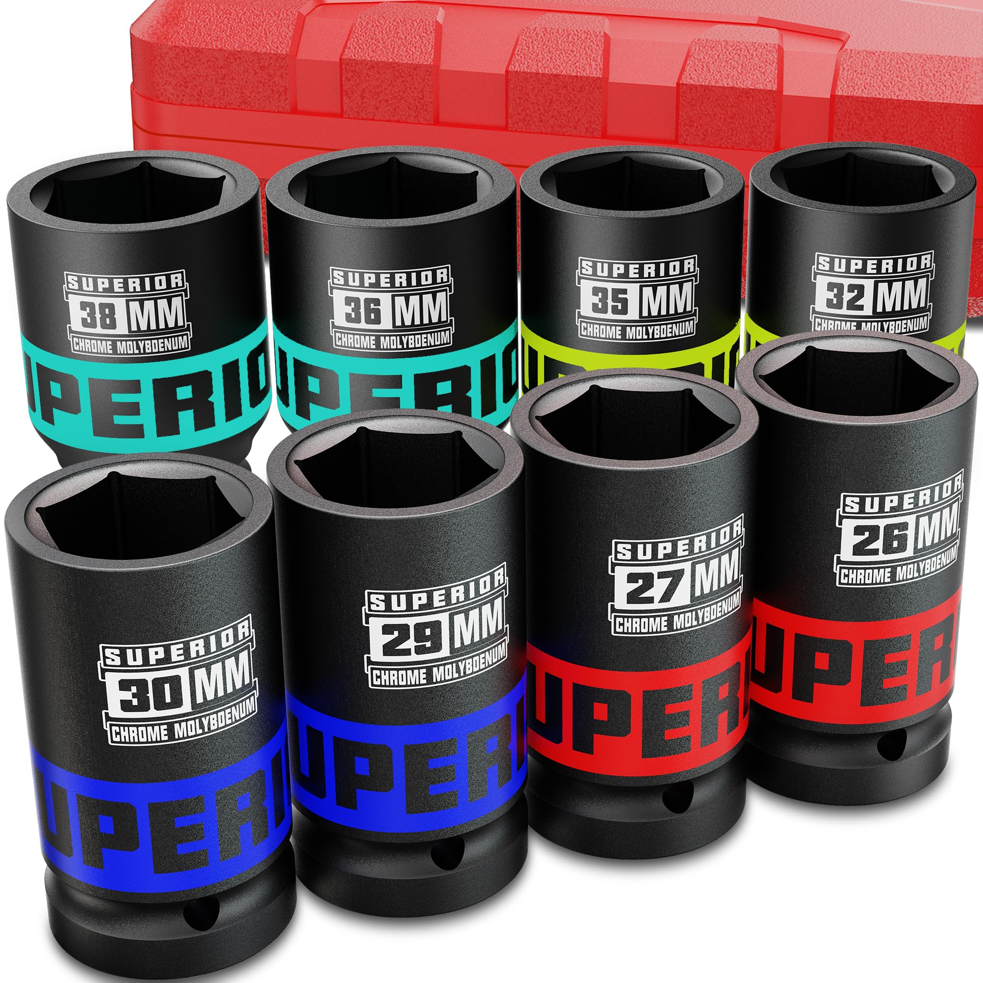 KIRXST 3/4 Inch Driver Impact Socket Set, 26mm - 38mm Metric Axle Nut ...