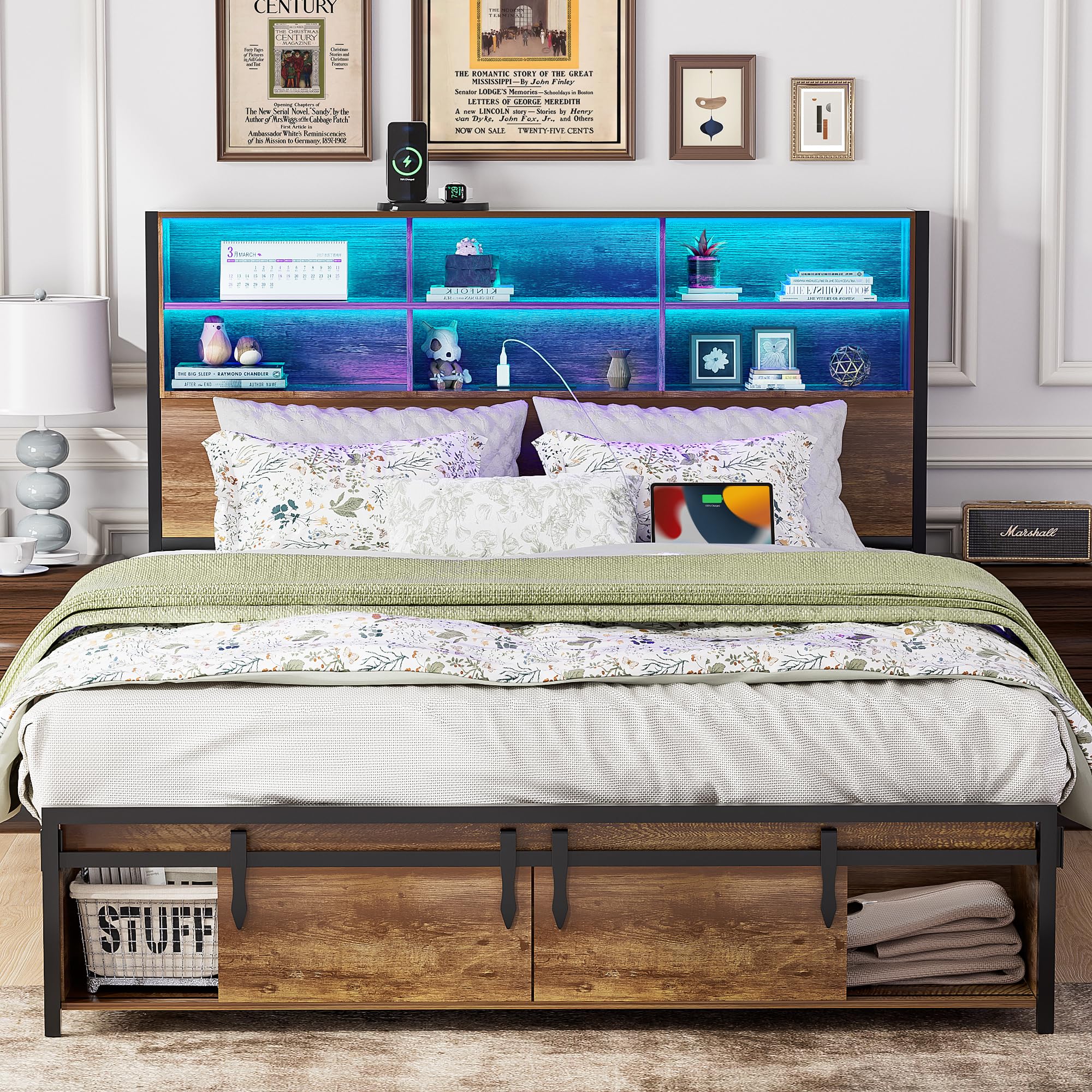 Amazon.com: Alohappy Farmhouse Full Size Bed Frame with Bookcase ...