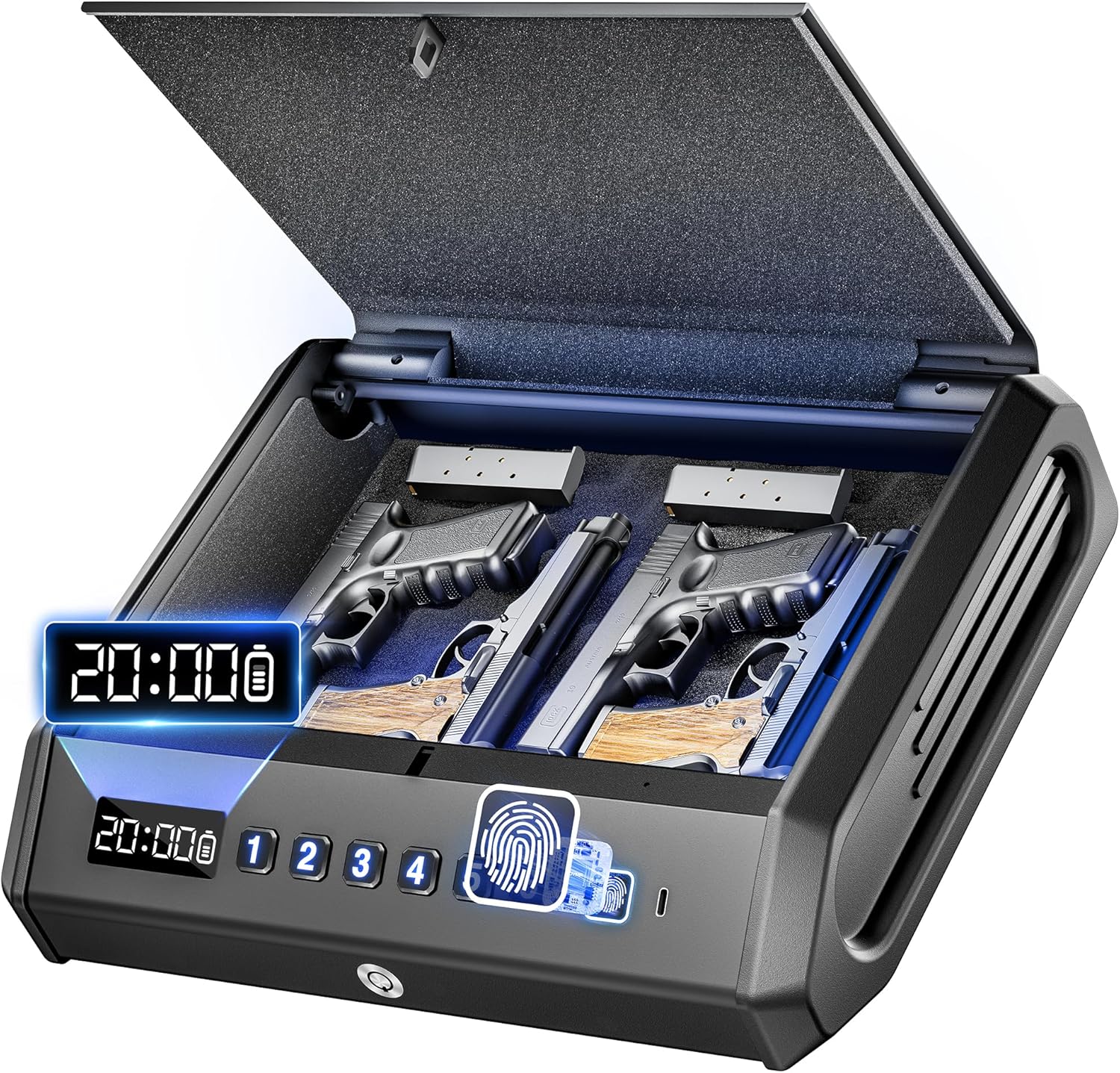 Large Gun Safe for 2-4 Pistols, Fingerprint Digital PIN Key Unlock with ...