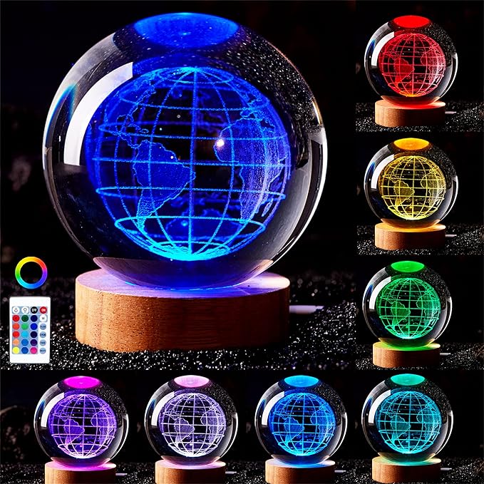 3D Earth Crystal Ball Lamp,3.15 inch K9 Crystal Ball Night Light with ...